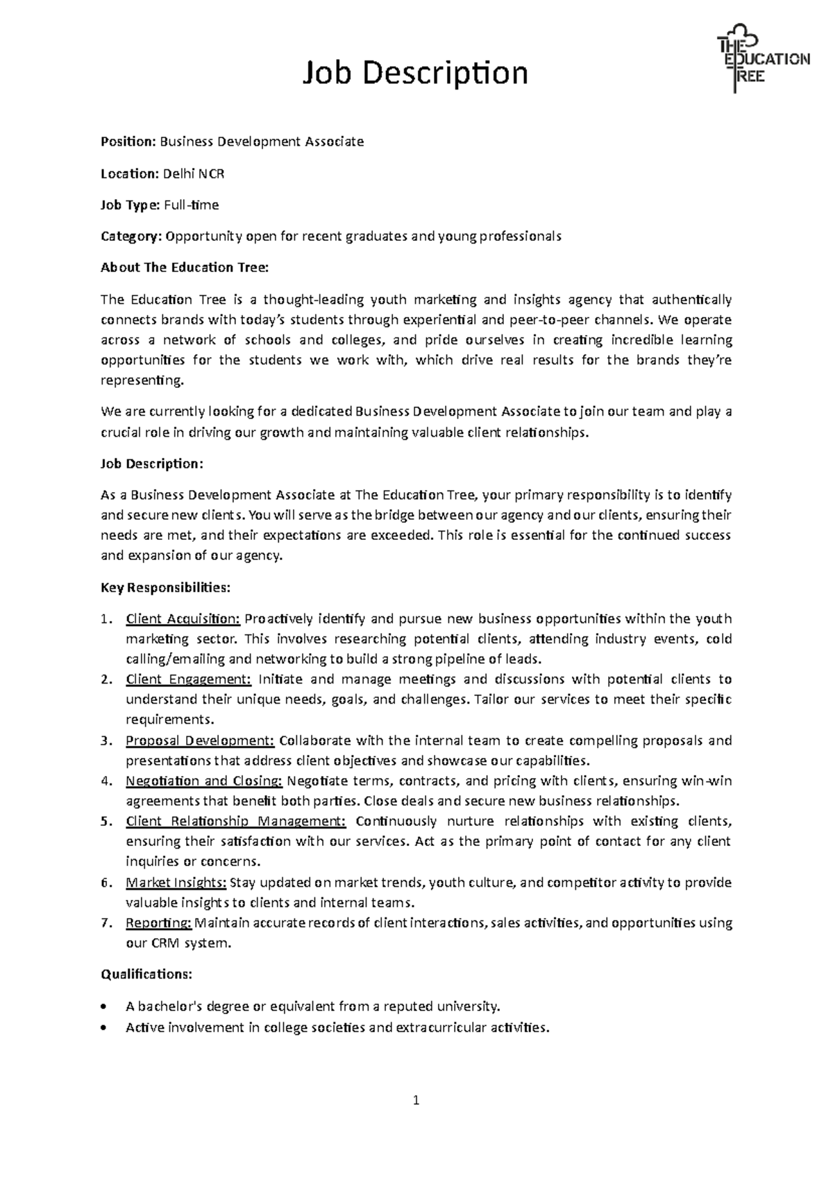 BDA JD TET - Read - Job Description 1 Position: Business Development ...