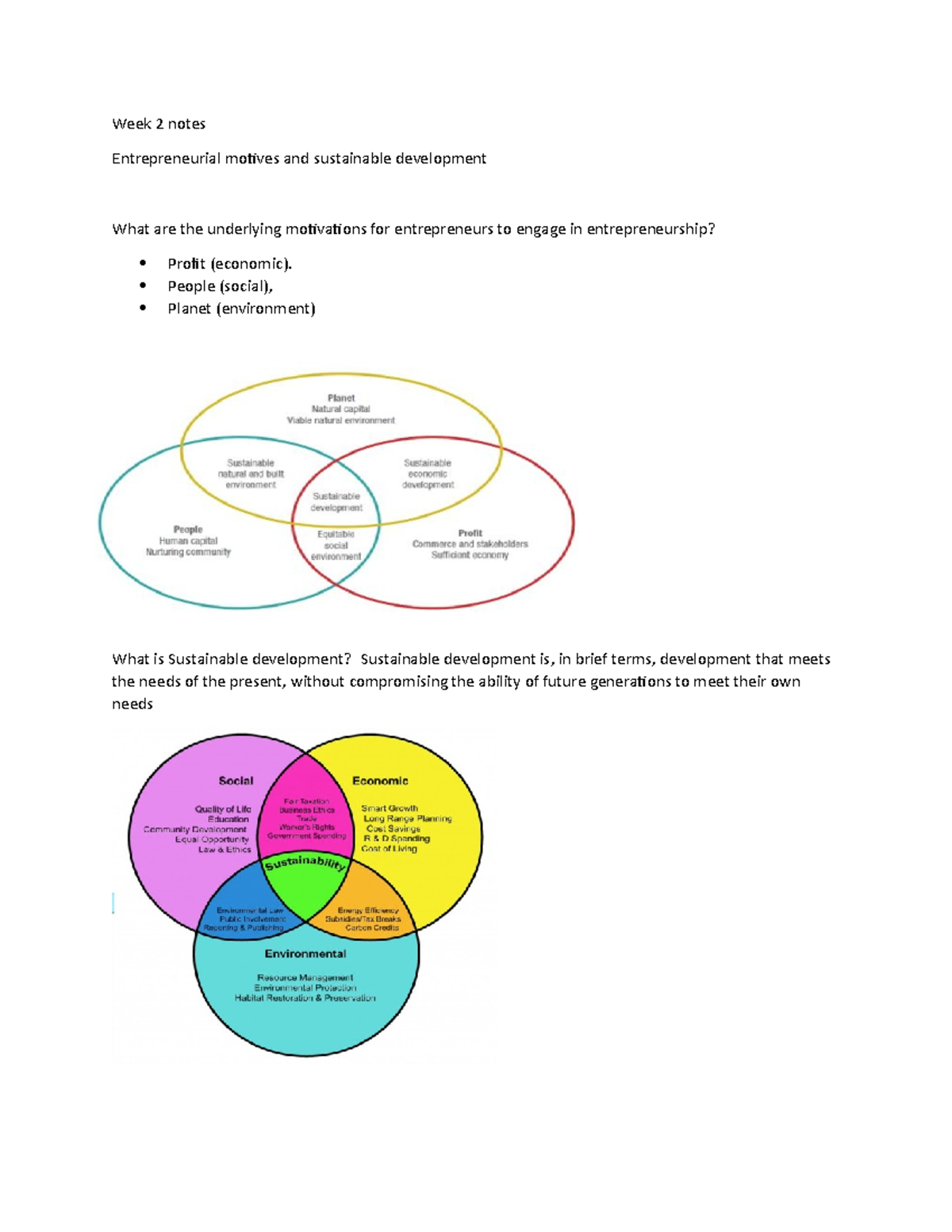 Week 2 notes - Week 2 notes Entrepreneurial motives and sustainable ...