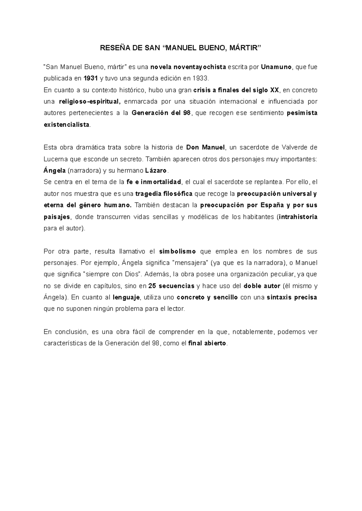 Reseñas de libros de literatura - RESEÑA DE SAN “MANUEL BUENO, MÁRTIR ...