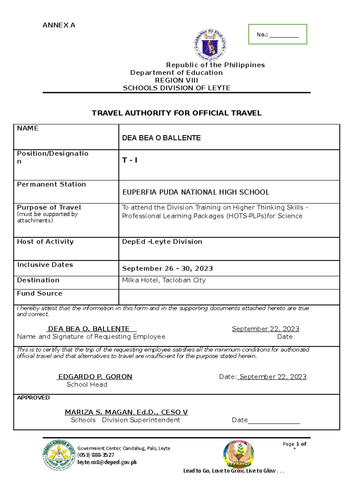 Travel Dea Bea Hots - ANNEX A Republic of the Philippines Department of ...