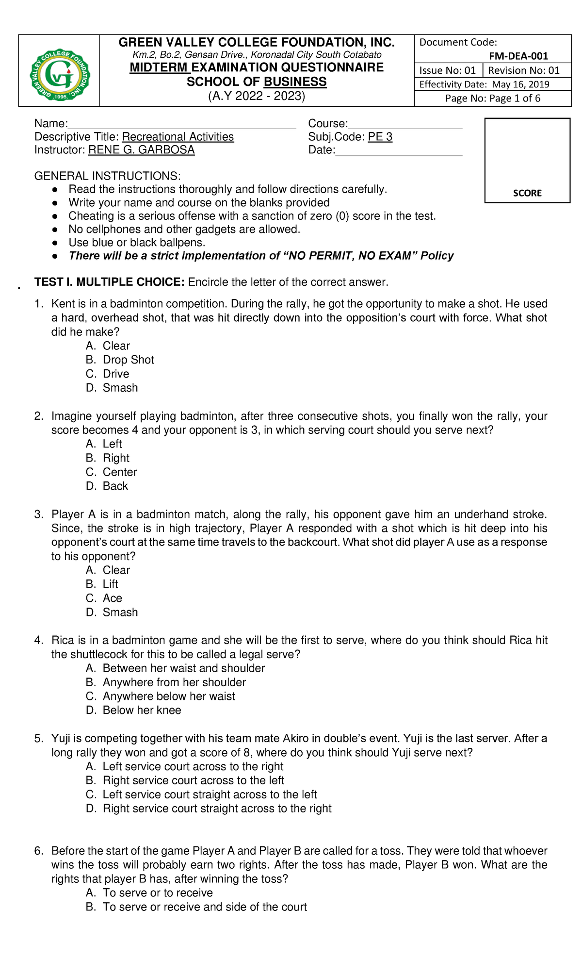 PE 3 Midterm EXAM - examination - GREEN VALLEY COLLEGE FOUNDATION, INC ...