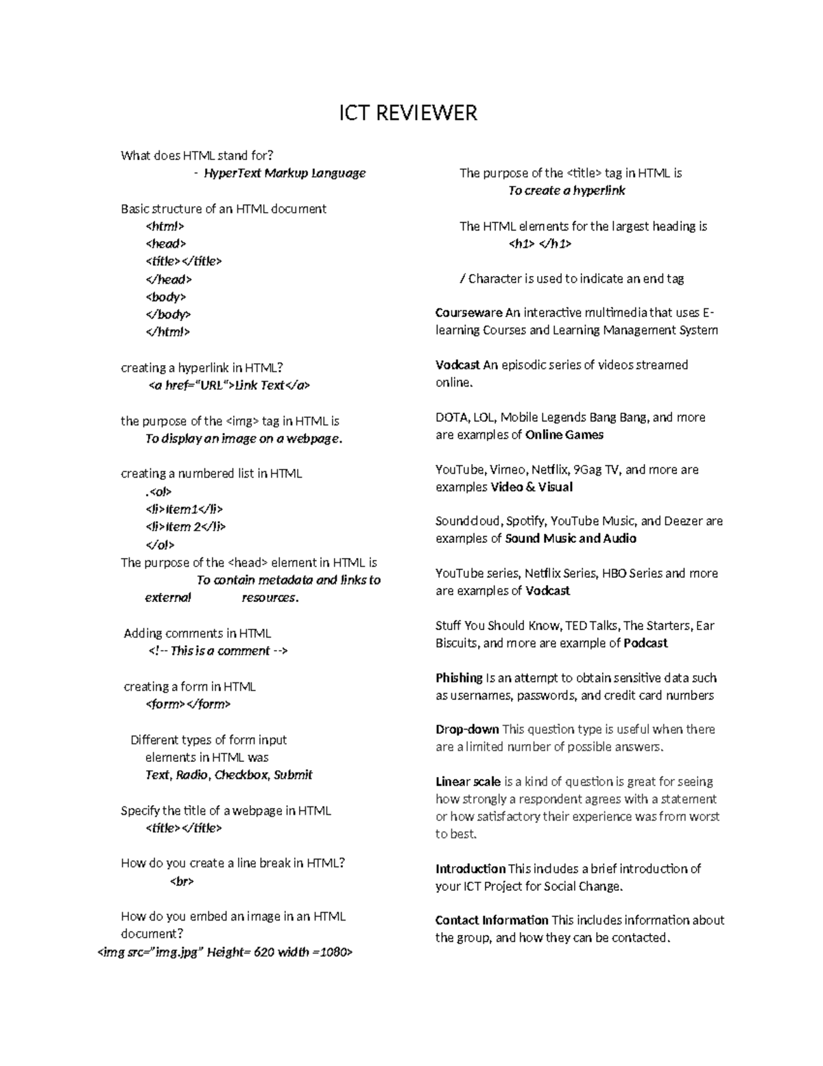 ICT- Reviewer - ICT REVIEWER What does HTML stand for? - HyperText ...