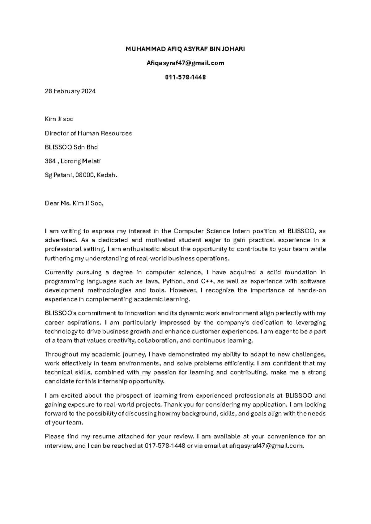 Coverletter for internship - MUHAMMAD AFIQ ASYRAF BIN JOHARI ...