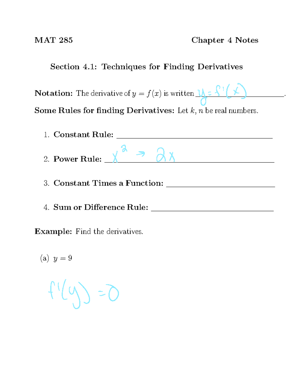 Chapter 4 - MAT 285 Chapter 4 Notes Section 4: Techniques for Finding ...