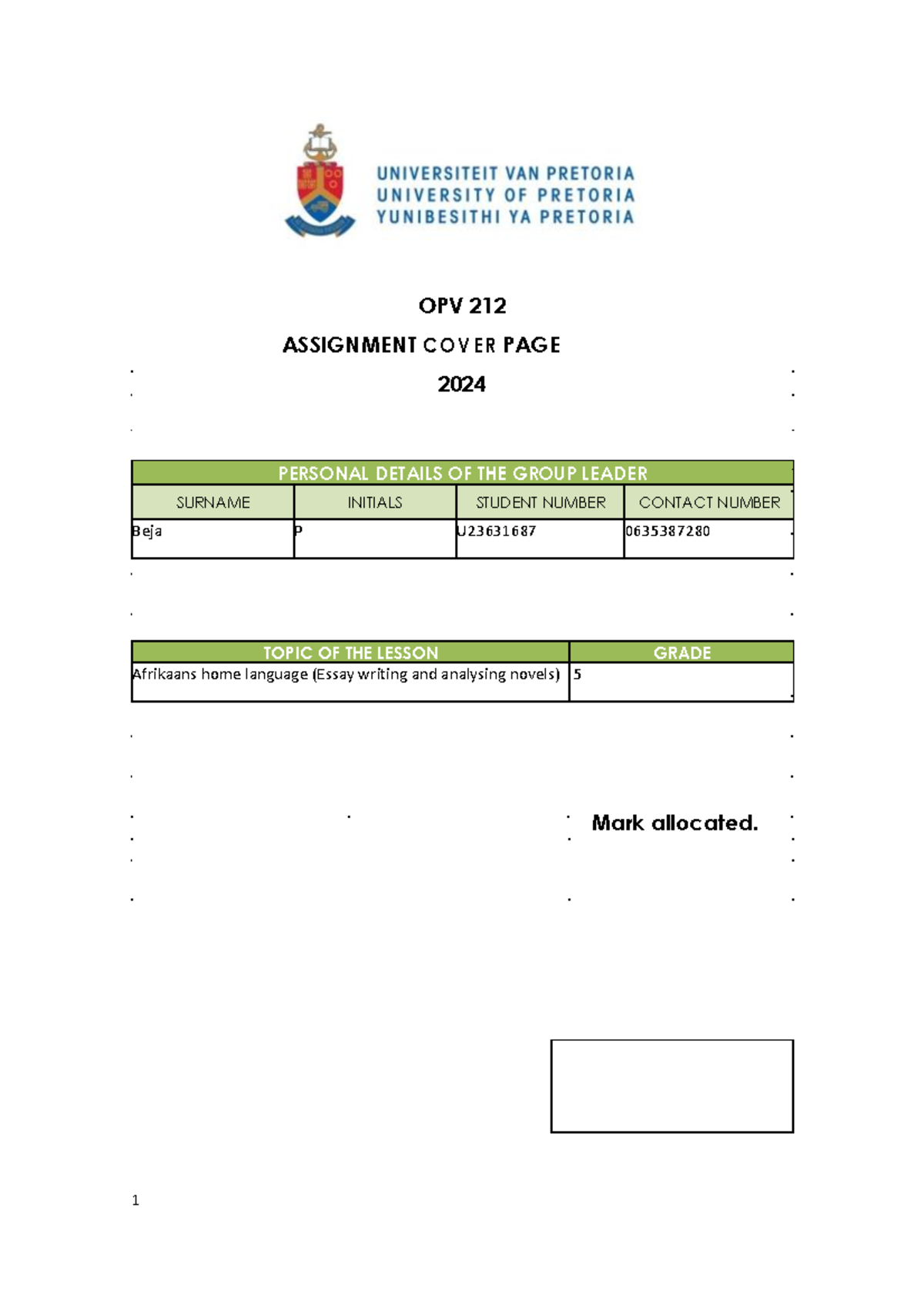 Assignment Cover PAGE 1 1 - OPV 212 ASSIGNMENT COVER PAGE 2024 PERSONAL ...