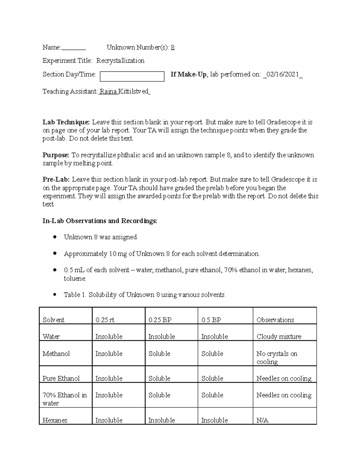 Recrystallization Lab report - Name: Unknown Number(s): 8 Experiment ...