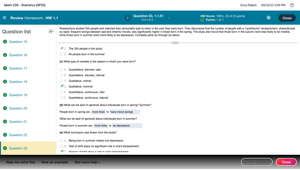 HW1 - Chapter 1.1 Question 23 - Review Homework: HW 1. Question 23, 1. Part 6 of 6 HW Score: 100 ...