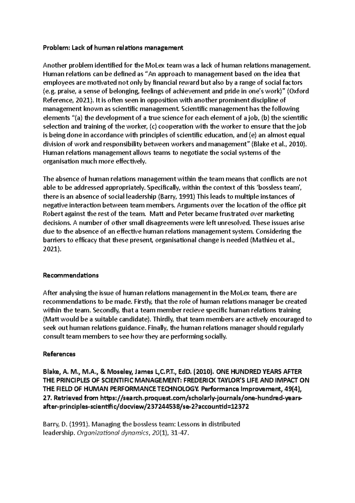 Lack of human relations management - curtis - Problem: Lack of human ...
