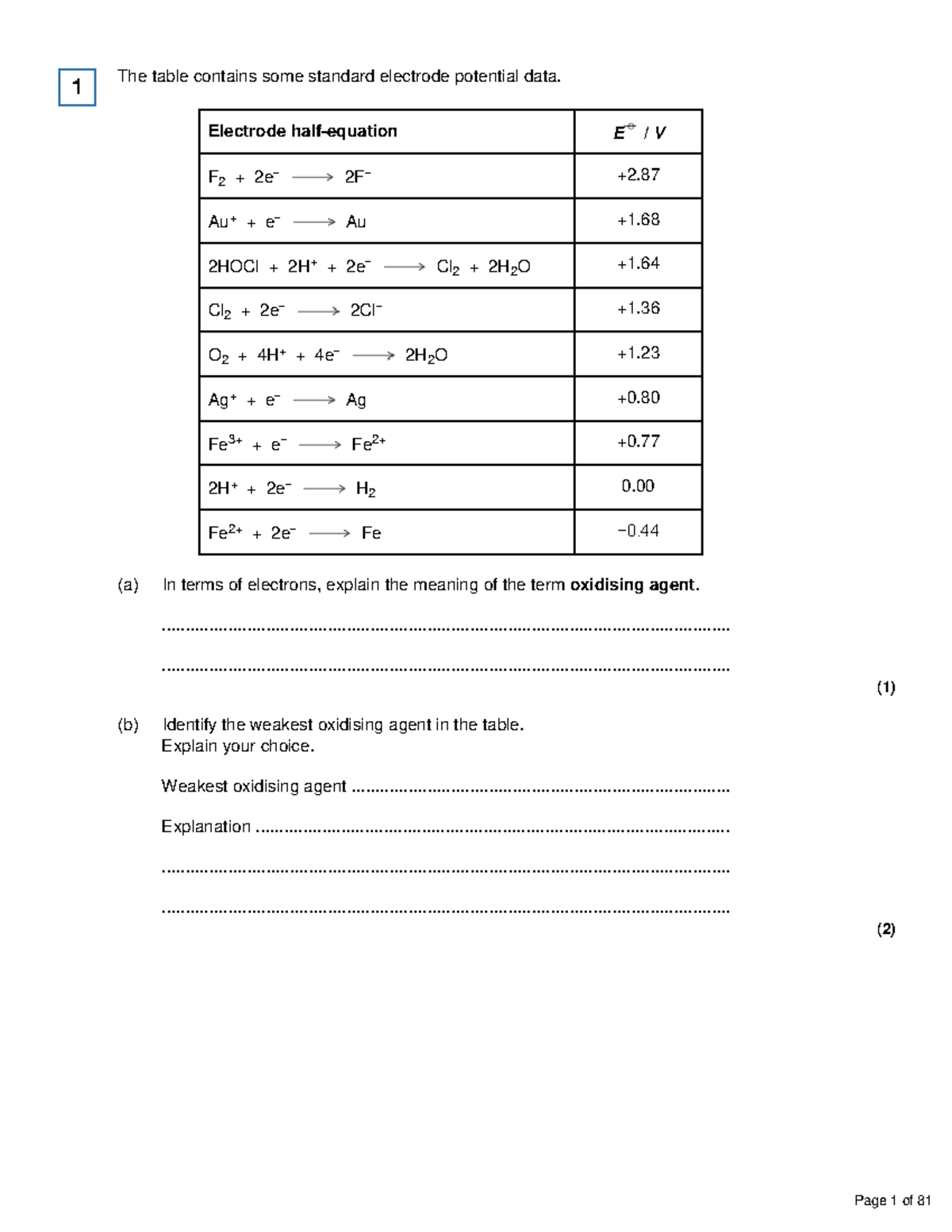 Redox a2 - exam questions - The table contains some standard electrode ...