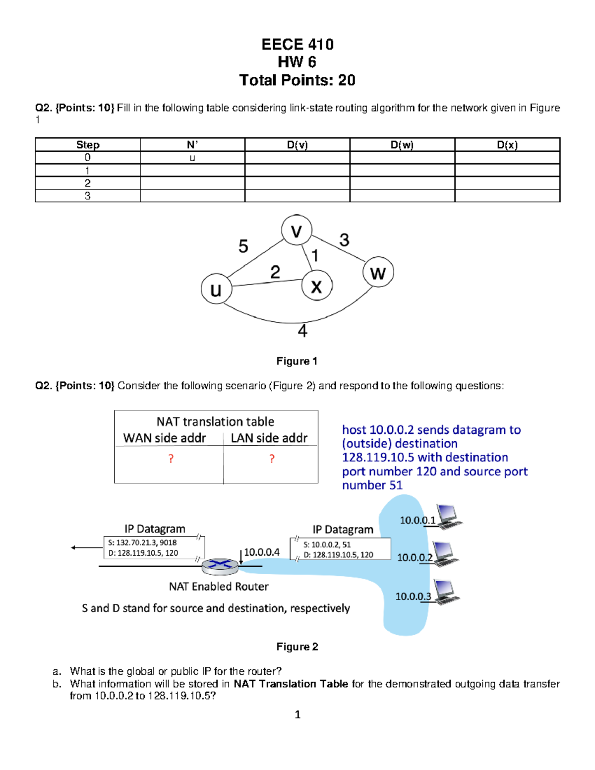 EECE410 HW6-3 - 1 EECE 410 HW 6 Total Points: 20 Q 2. {Points: 10 } Fill in the following table ...