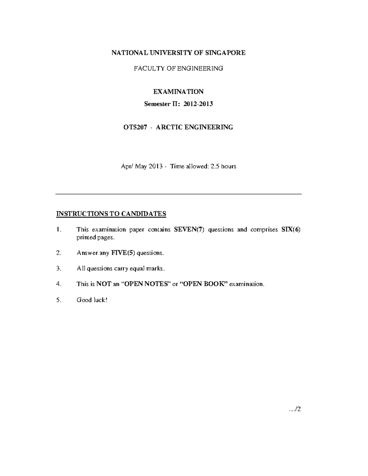 Exam 2012, questions - NATIONAL UNIVERSITY OF SINGAPORE FACULTY OF ...