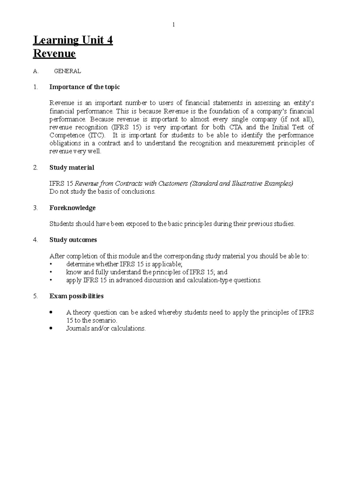 Learning Unit 4 Revenue GENERAL Importance Of The Topic Revenue Is An