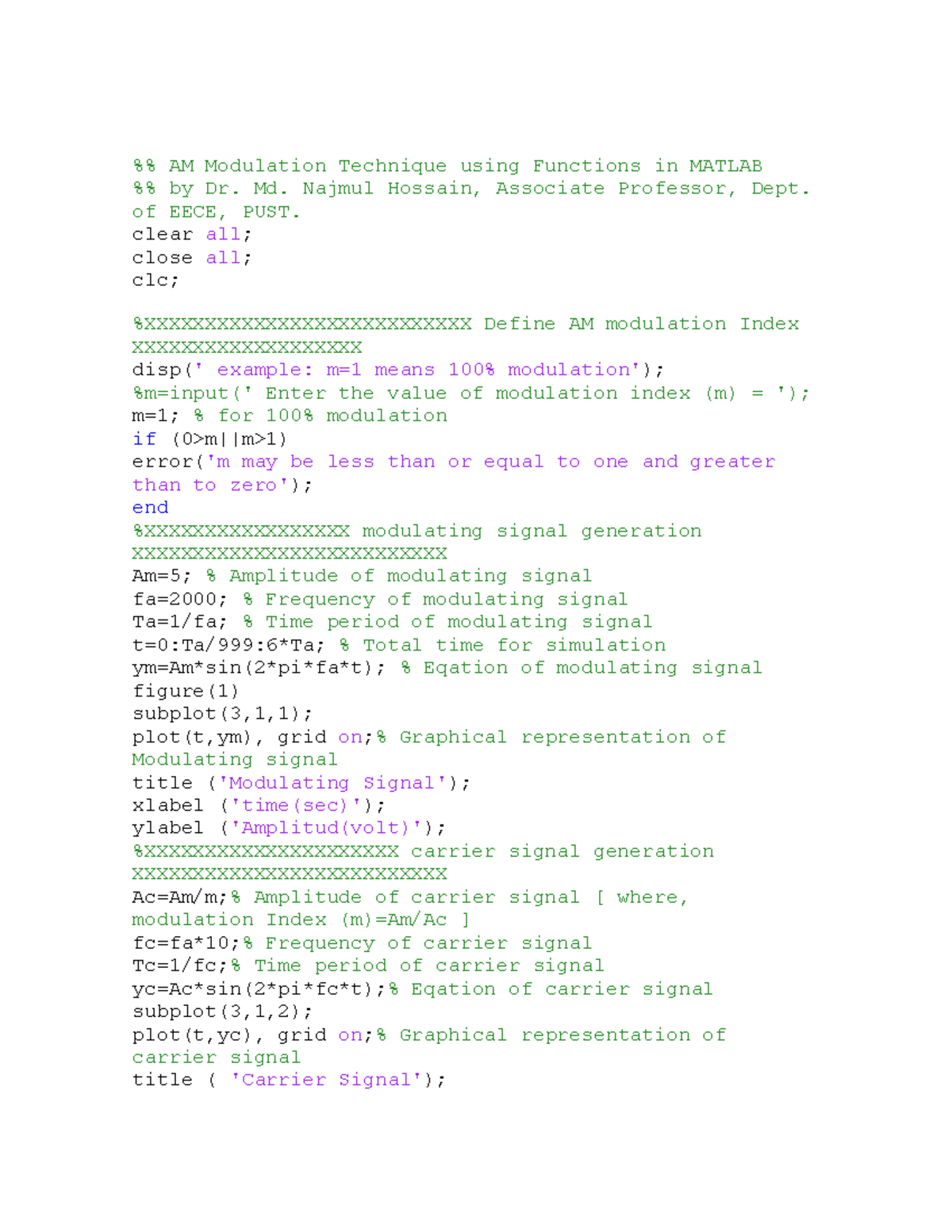 Matlab Programs for CF Course - %% AM Modulation Technique using ...