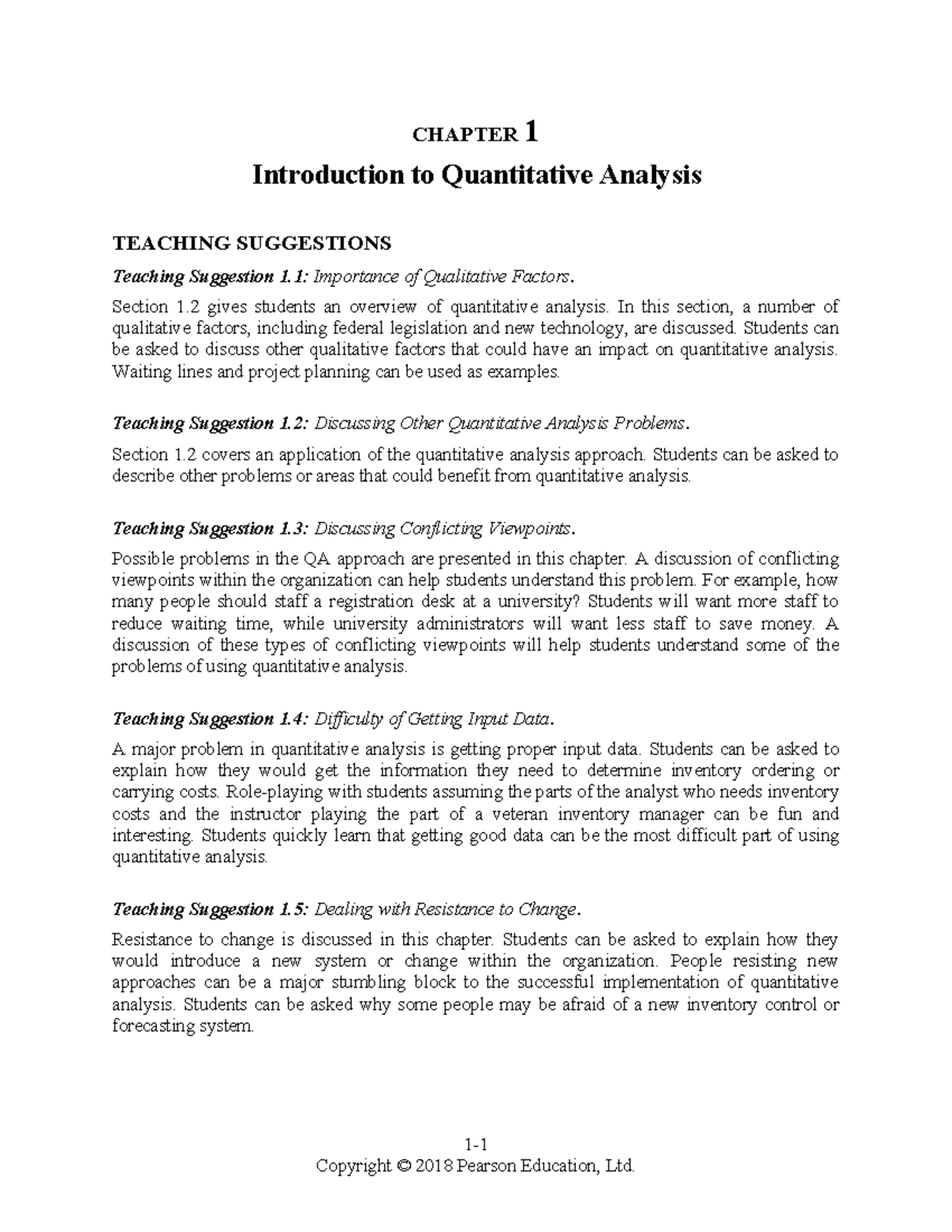 Render qam13e ism ch01 - Work answers - CHAPTER 1 Introduction to Quantitative Analysis TEACHING ...