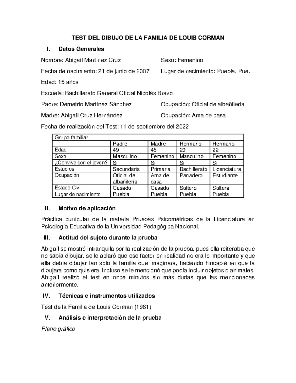 TEST DEL Dibujo DE LA Familia DE Louis Corman Reporte - TEST DEL DIBUJO ...