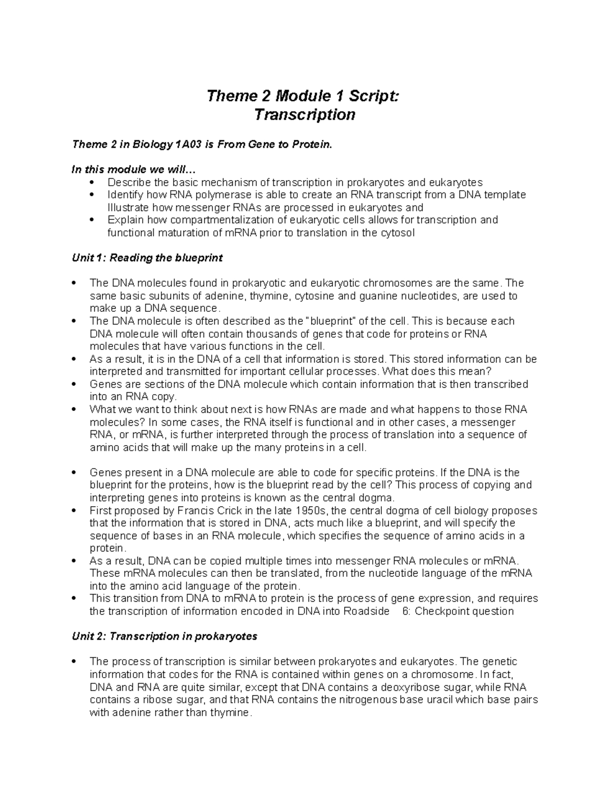 BIO 1A03 T2M1 - Lecture notes 1-4 - Theme 2 Module 1 Script ...