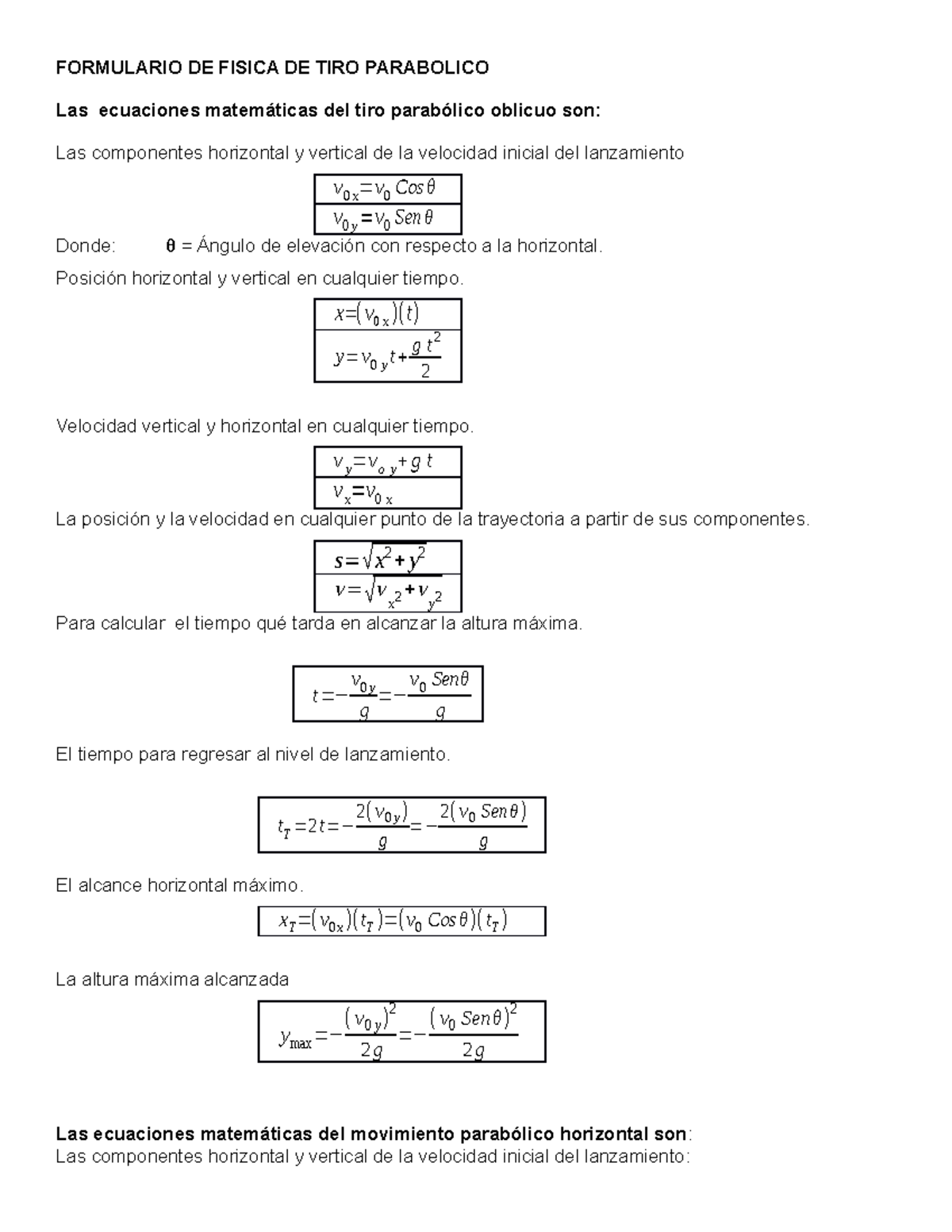 Formulario De Fisica DE Tiro Parabolico - FORMULARIO DE FISICA DE TIRO ...