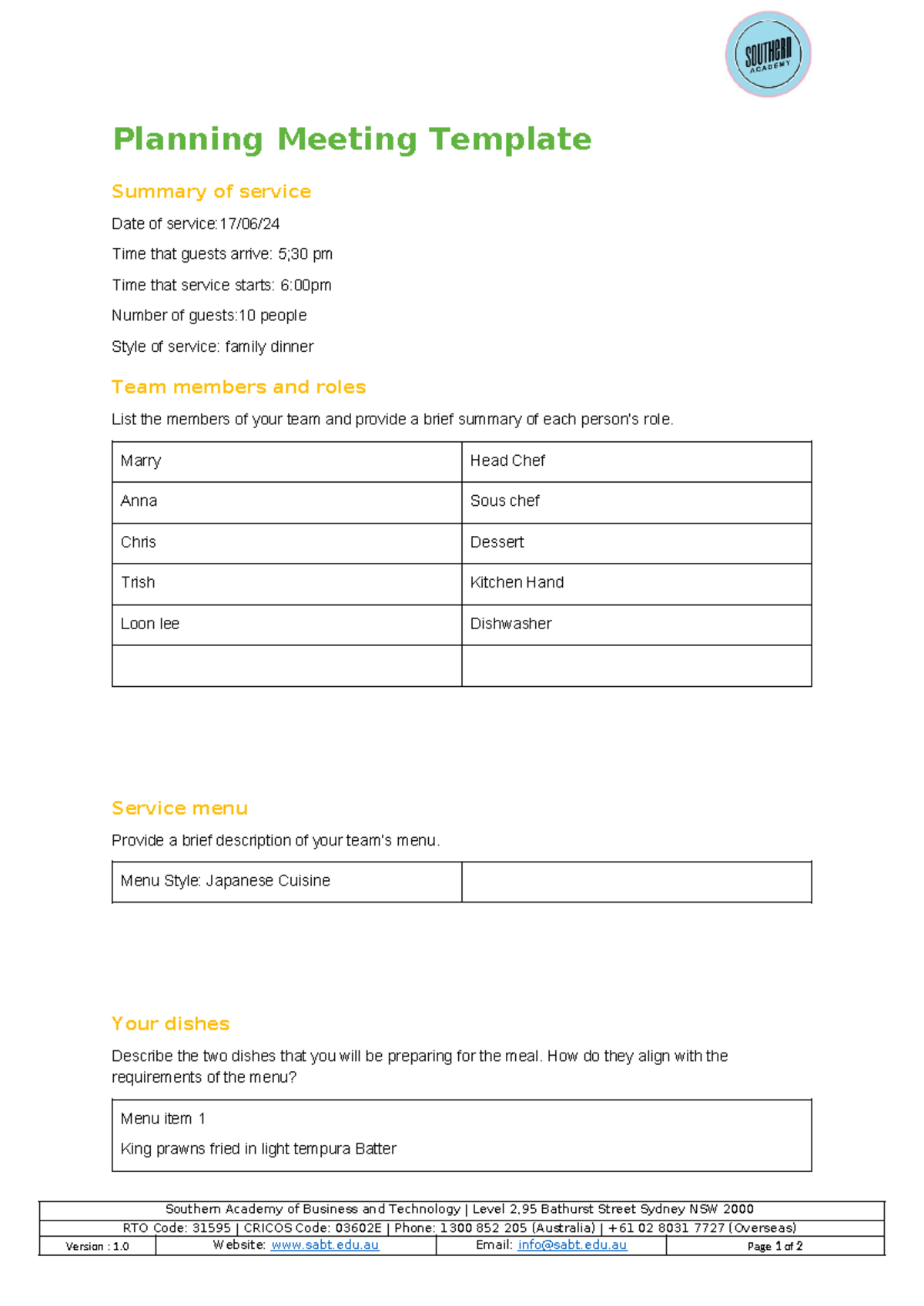 Sithccc 043 Planning Meeting Template.v1.0 qs2 - Planning Meeting ...
