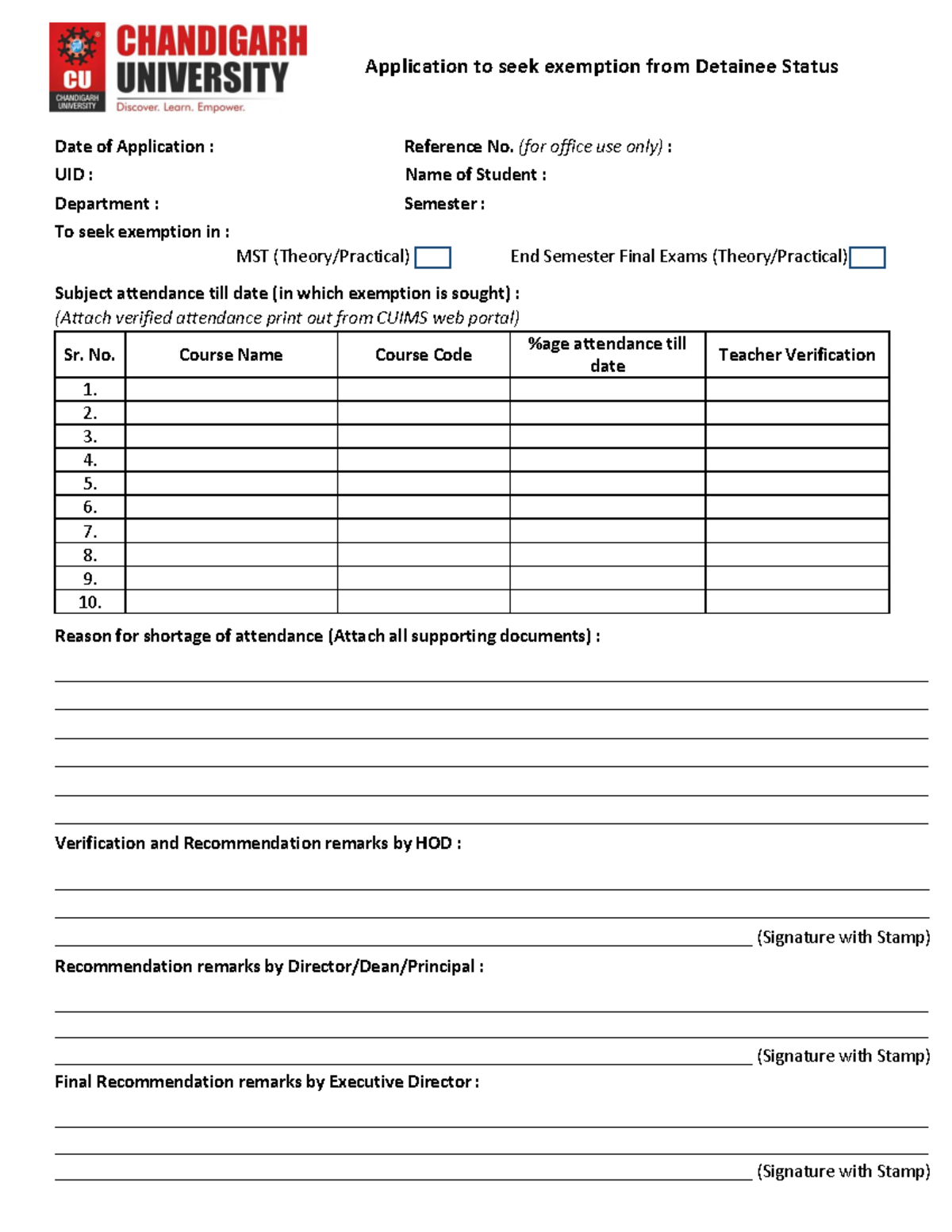 Detainee status exemption form - Application to seek exemption from ...