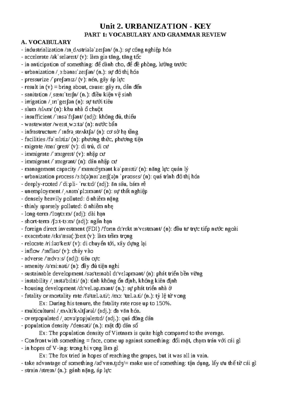 BT anh 12 thí điểm Unit 2 - KEY - Unit 2. URBANIZATION - KEY PART 1: VOCABULARY AND GRAMMAR ...