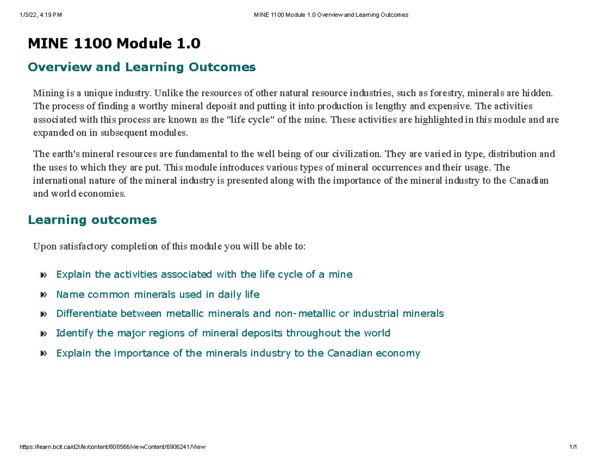 Module 1 - Introduction to Mining - 1/3/22, 4:19 PM MINE 1100 Module 1 ...