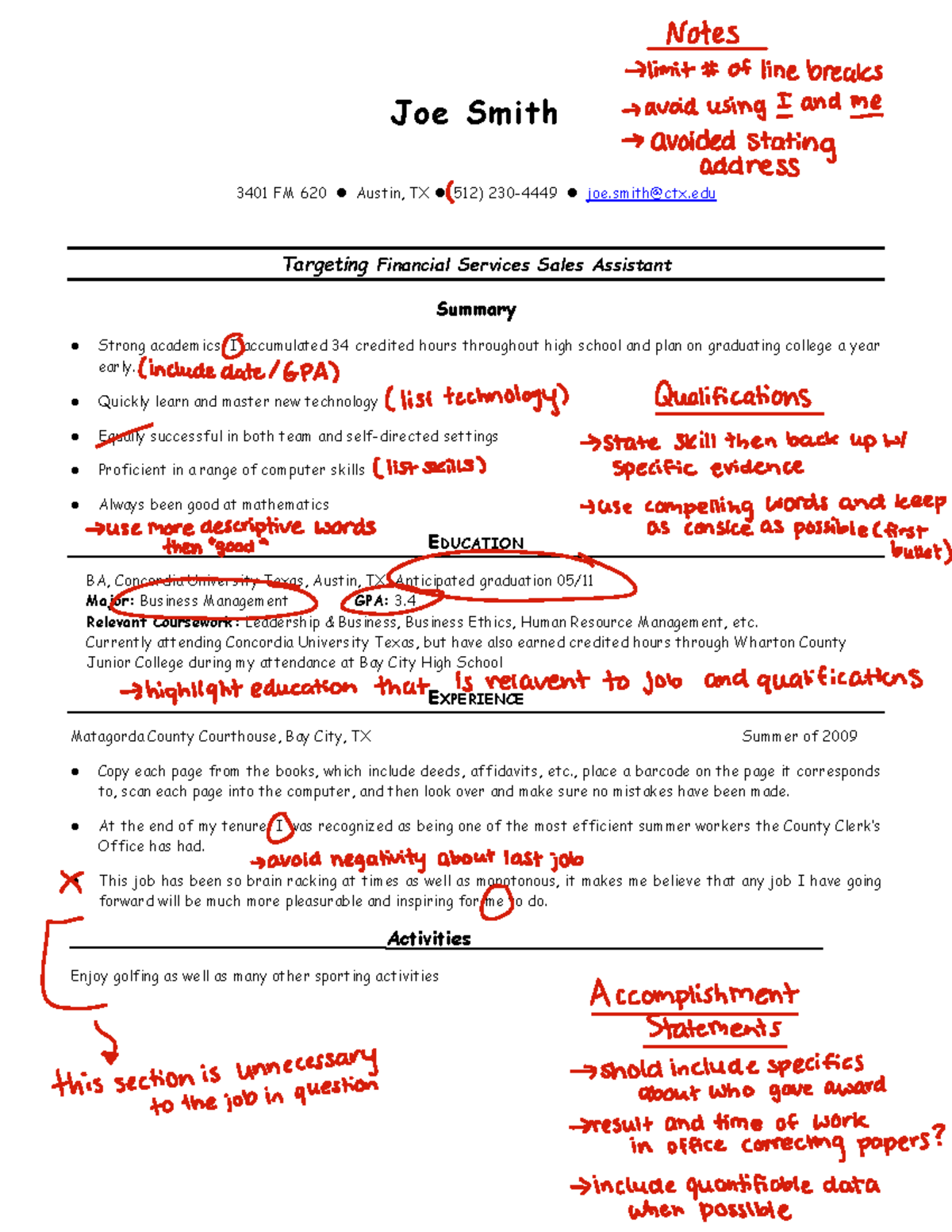 Resume Critique Assignment(1) 2 - Joe Smith 3401 FM 620 ⚫ Austin, TX ⚫ ...