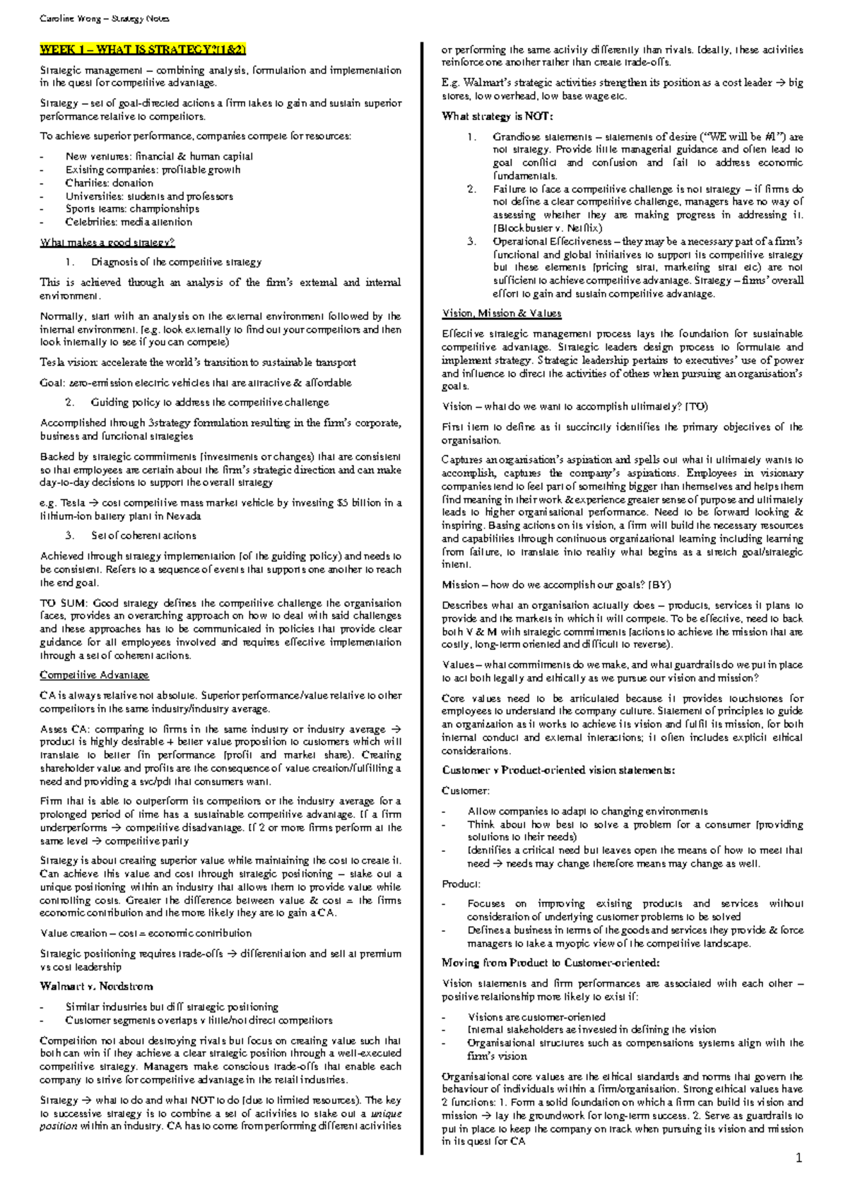 Strat Notes - WEEK 1 – WHAT IS STRATEGY?(1&2) Strategic management ...