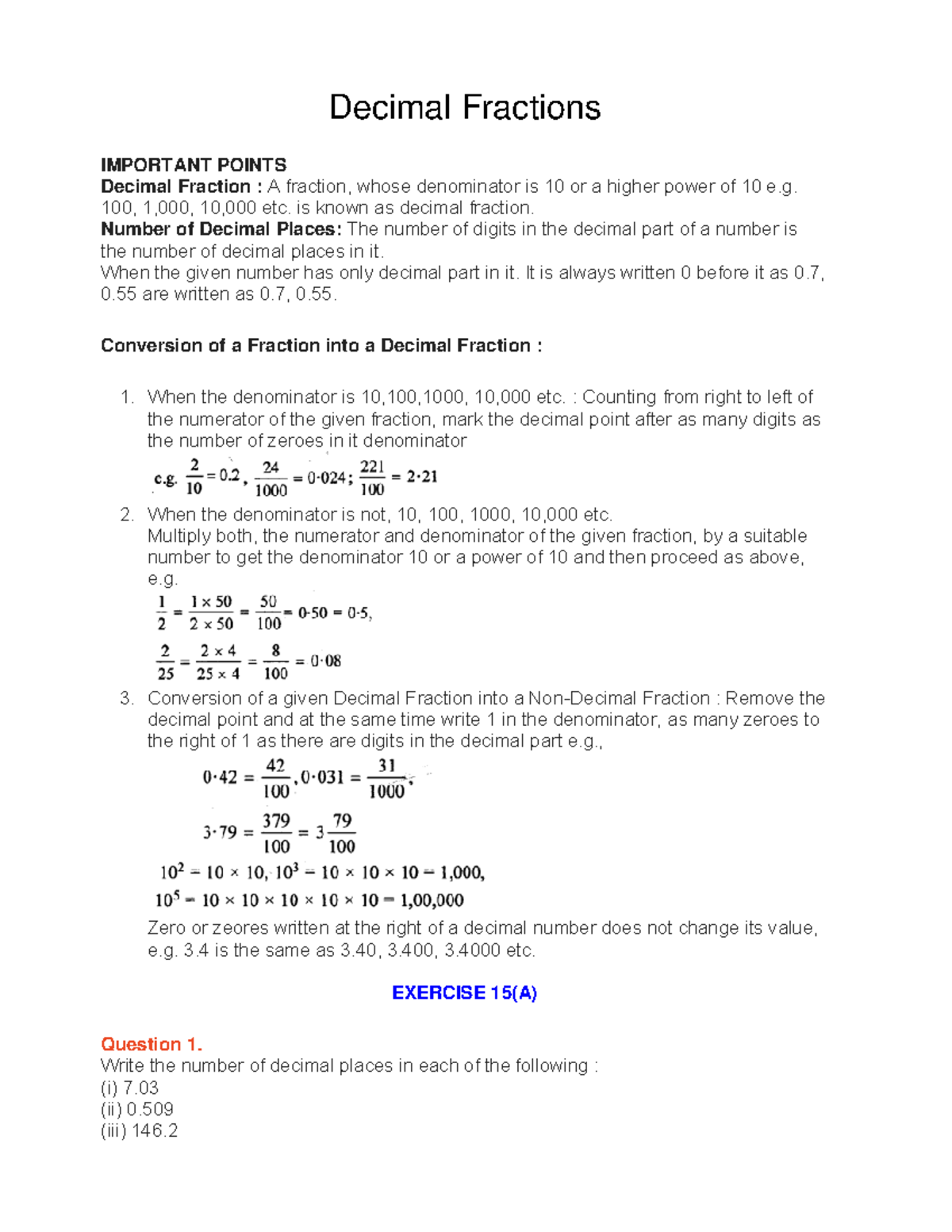 Decimal Fractions - notes - ncertbooksolutions IMPORTANT POINTS Decimal ...