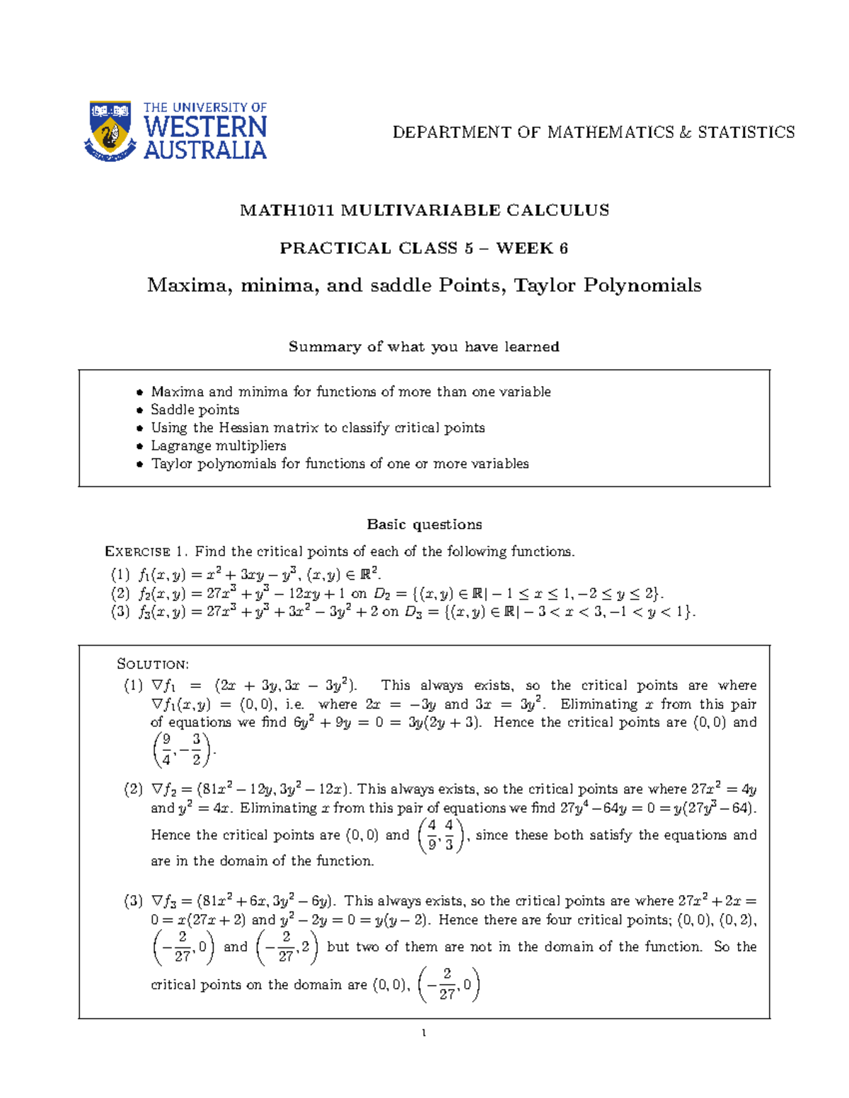 Maxima, minima, saddle points - DEPARTMENT OF MATHEMATICS & STATISTICS MATH1011 MULTIVARIABLE ...