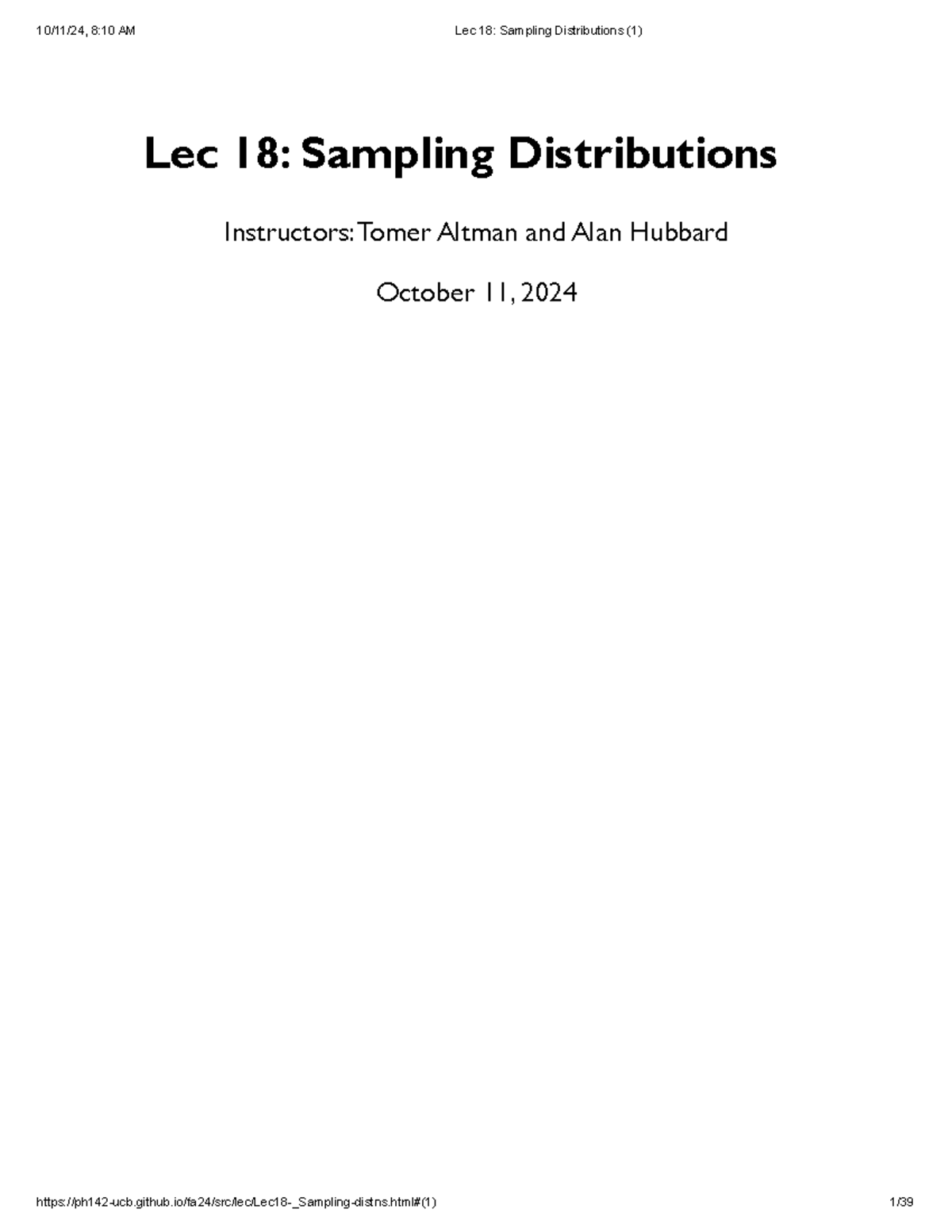 Lec 18 Sampling Distributions - Lec 18: Sampling Distributions ...