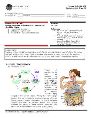 SAS for Biochemistry BIO 024 Module 8 - Student Activity Sheet Module ...