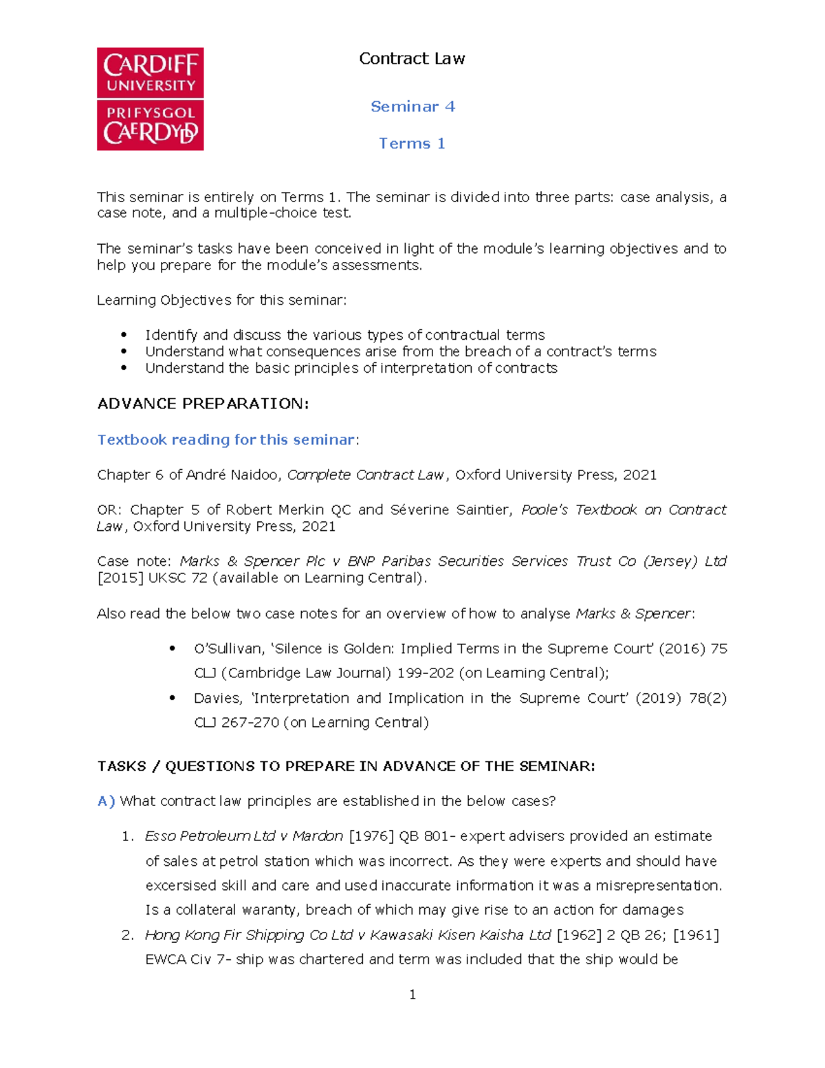 22-23 Contract Law Seminar 4 Questions - Seminar 4 Terms 1 This seminar ...