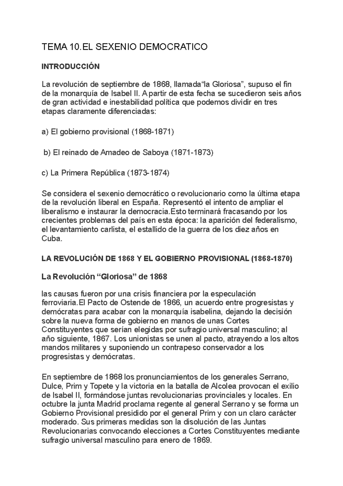 TEMA 10.EL Sexenio Democratico - TEMA 10 SEXENIO DEMOCRATICO INTRODUCCIÓN La revolución de - Studocu