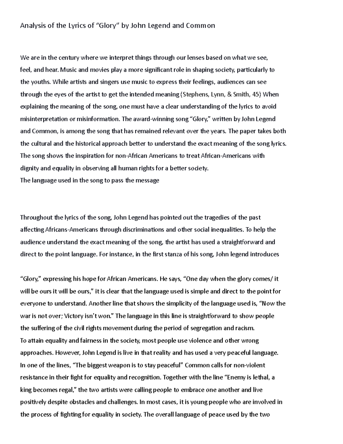 Analysis of the Lyrics assignment - Analysis of the Lyrics of “Glory ...