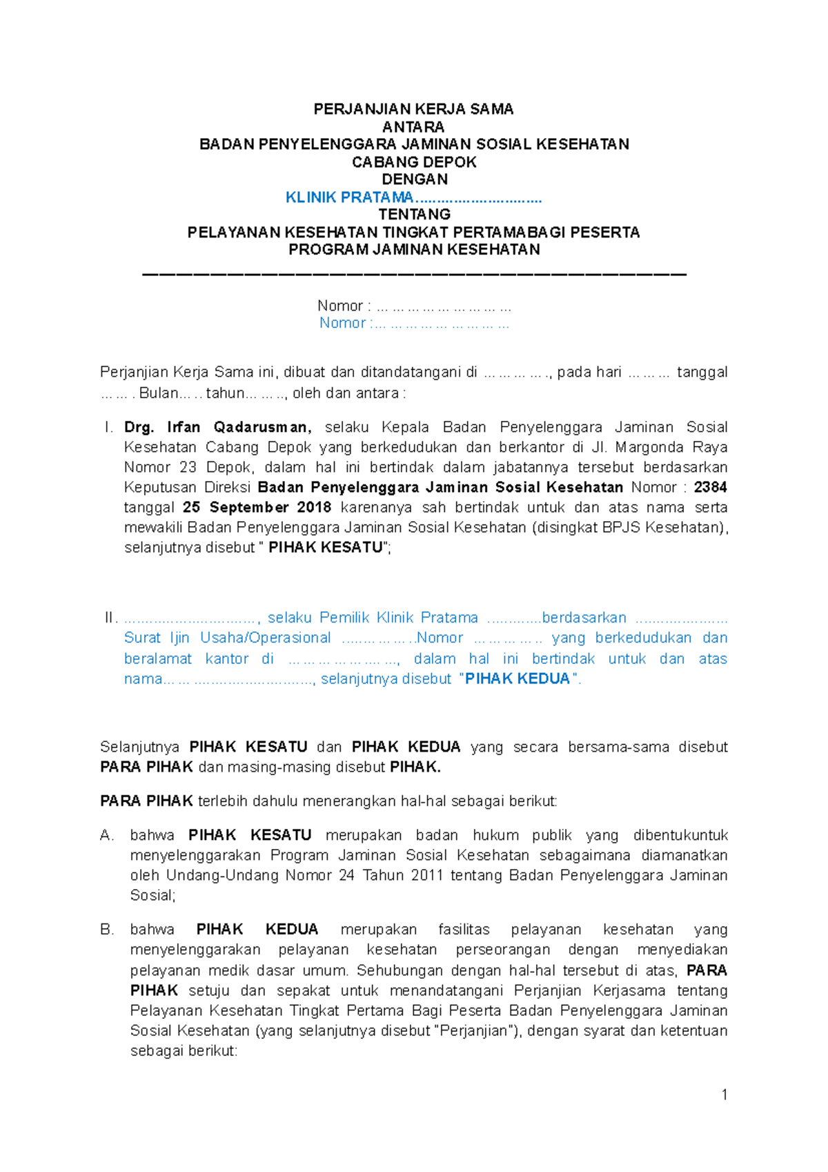 3.Template PKS Klinik Pratama 2019 ok (1) - PERJANJIAN KERJA SAMA ...