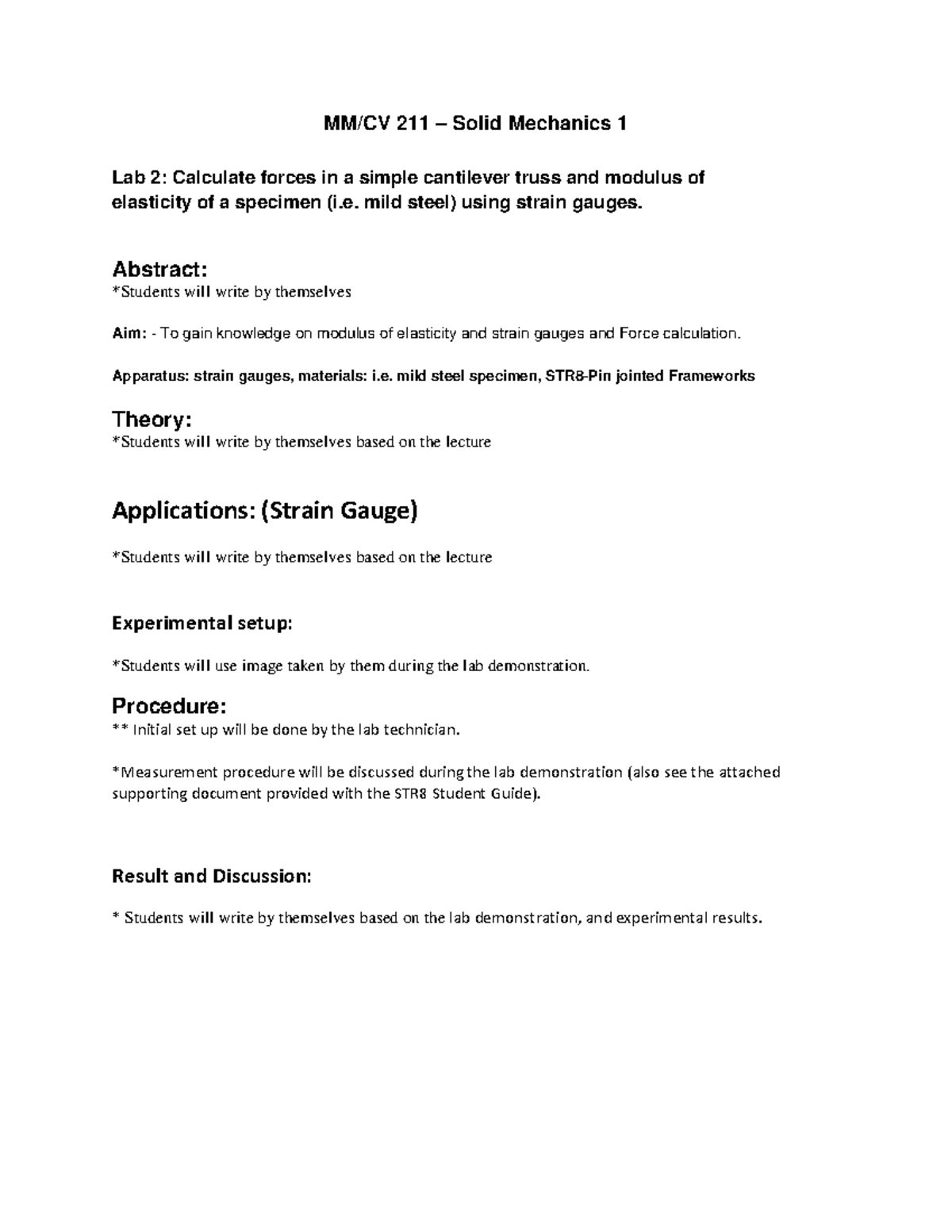 Lab 2 Experiment of Strain Gauge Measurement - MM/CV 211 – Solid ...