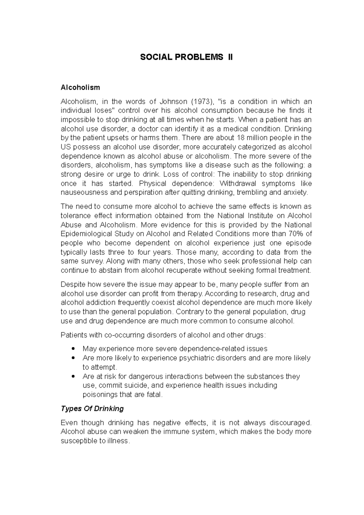 Social Problems II - Explain about alcoholism, types of drinking ...