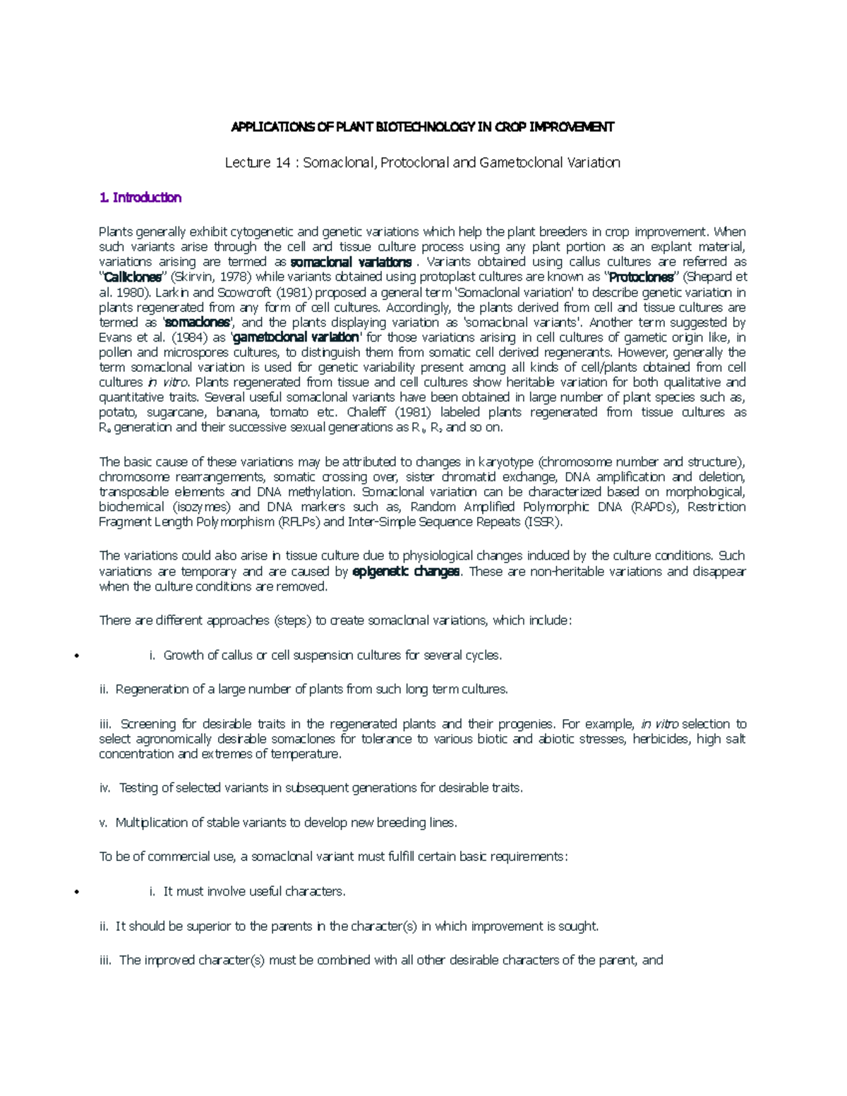 Lecture 14 - Somaclonal, Protoclonal and Gametoclonal Variation ...
