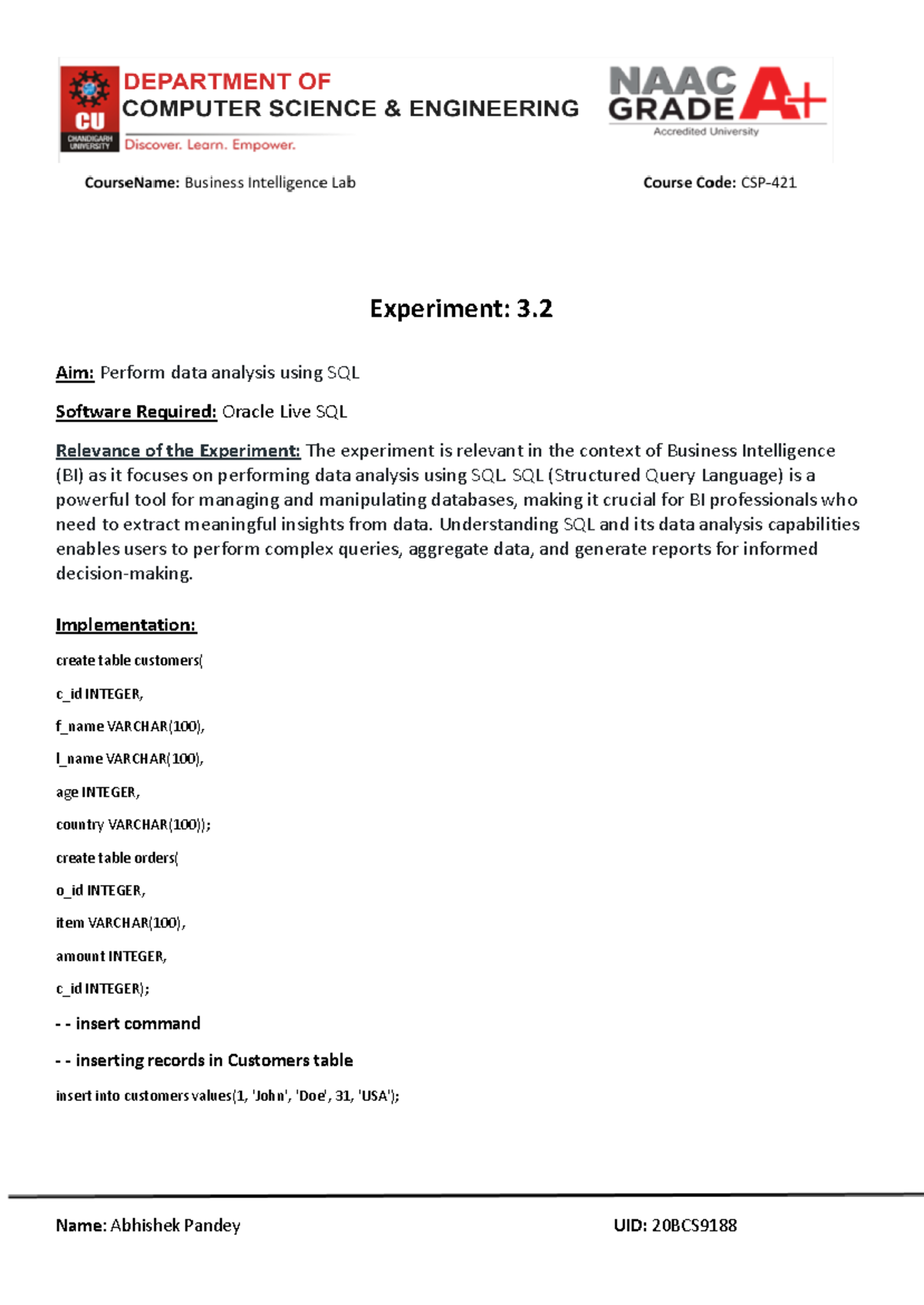 Abhishek Pandey BI Lab Exp 9 - Experiment: 3. Aim: Perform data ...