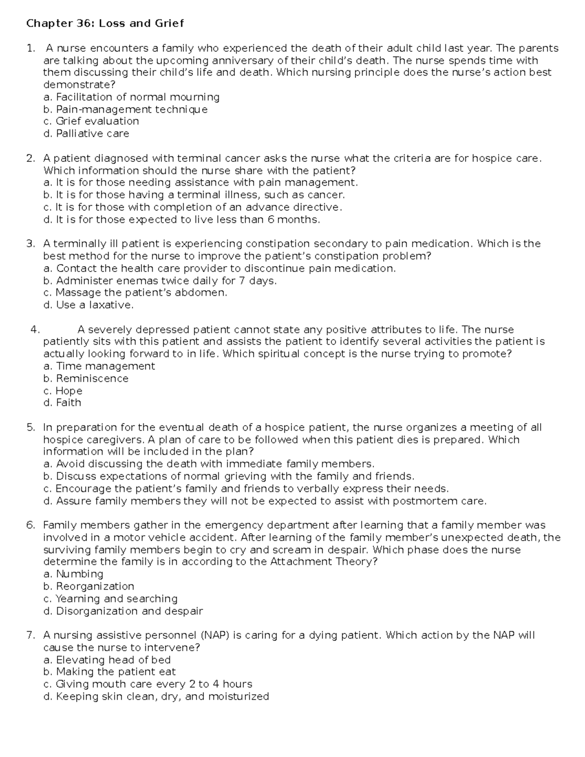 Chapter 36­ Loss and Grief - Chapter 36: Loss and Grief A nurse ...