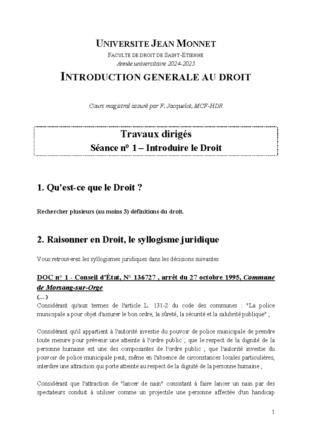 TD intro 2024 2025 séance 1 et 2 - UNIVERSITE JEAN MONNET FACULTE DE DROIT DE SAINT-ETIENNE ...