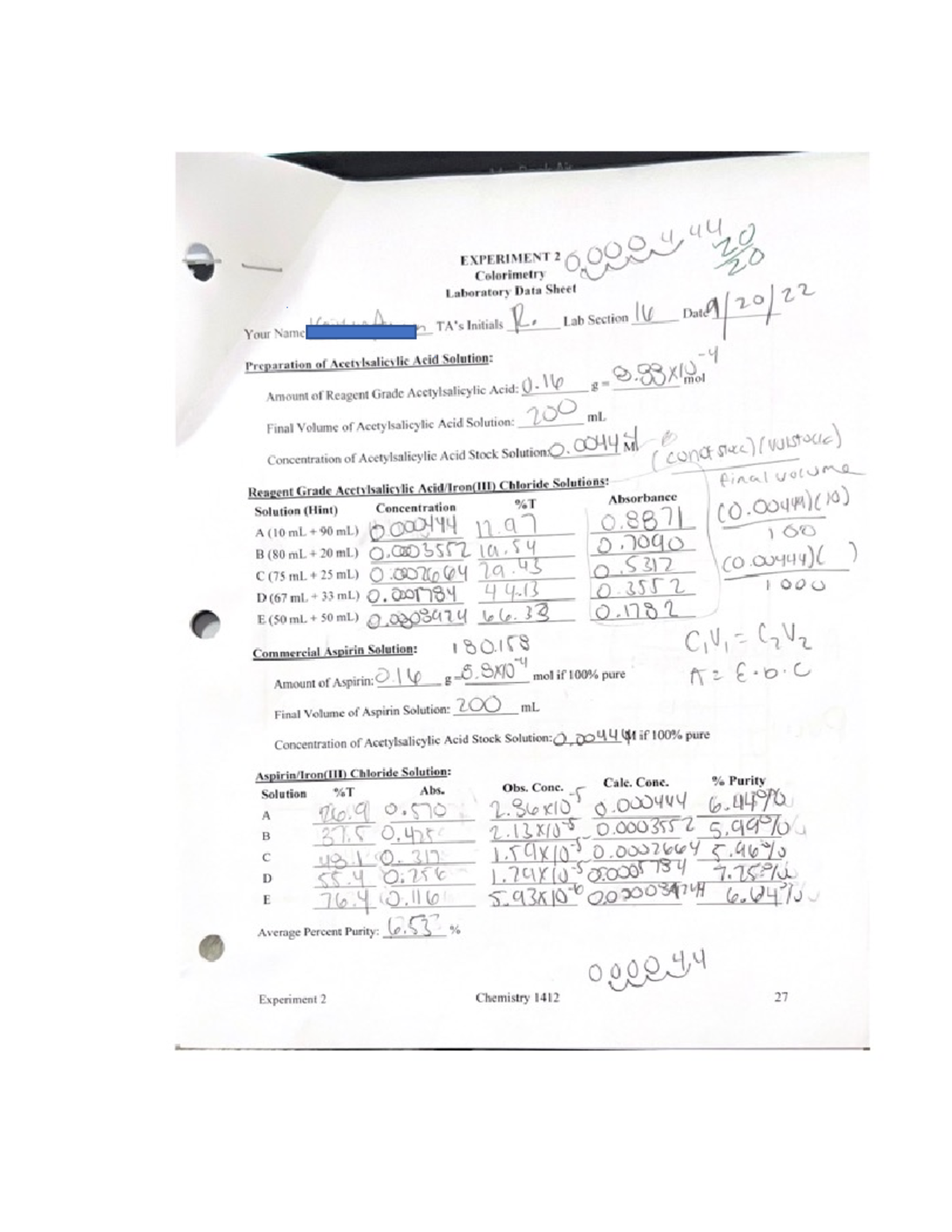 EXP 2 CHEM 1412 - Colorimetry EXP 2 LAB - CHEM 1412 - Studocu