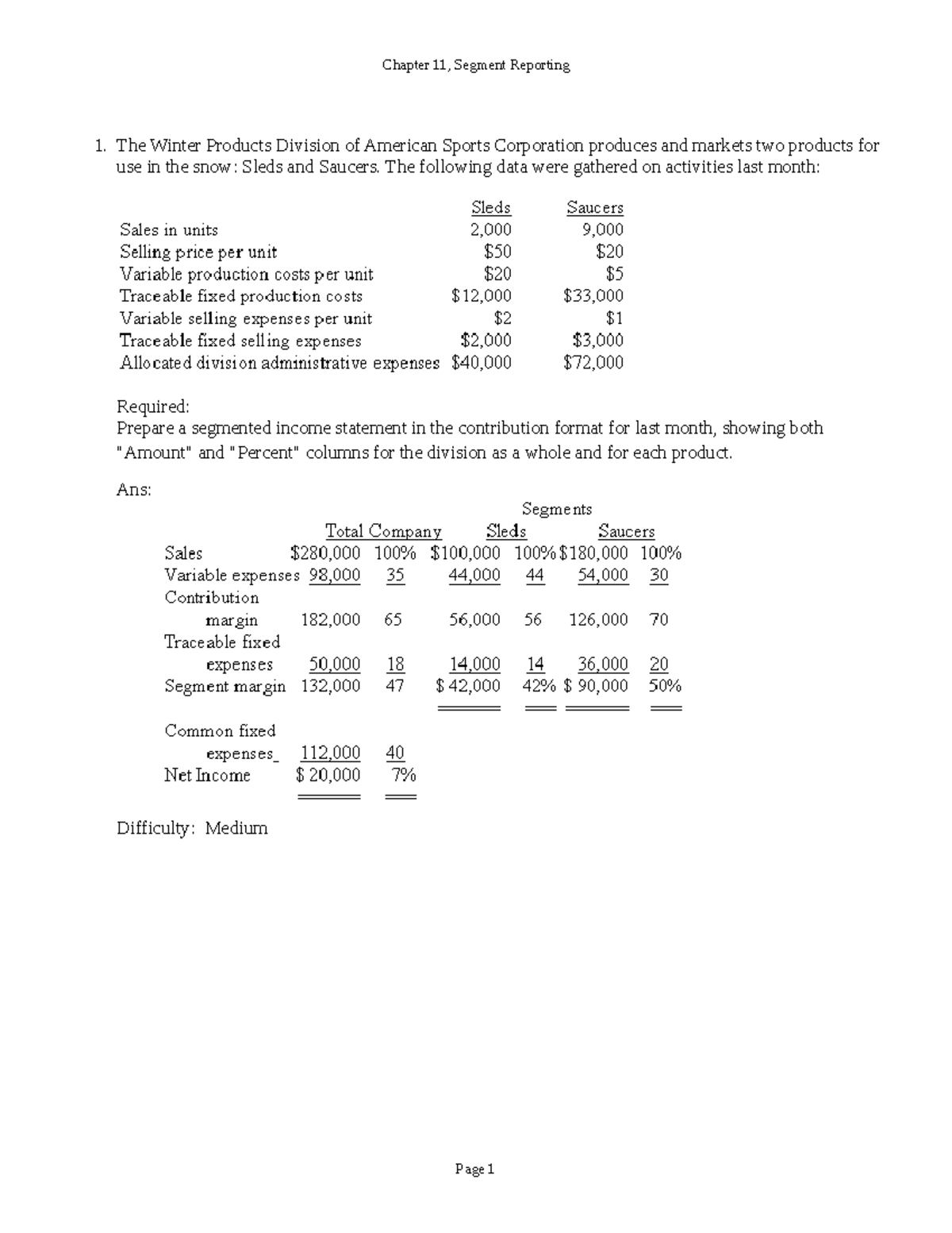 Chapter 11 Class Execices - Chapter 11, Segment Reporting The Winter ...