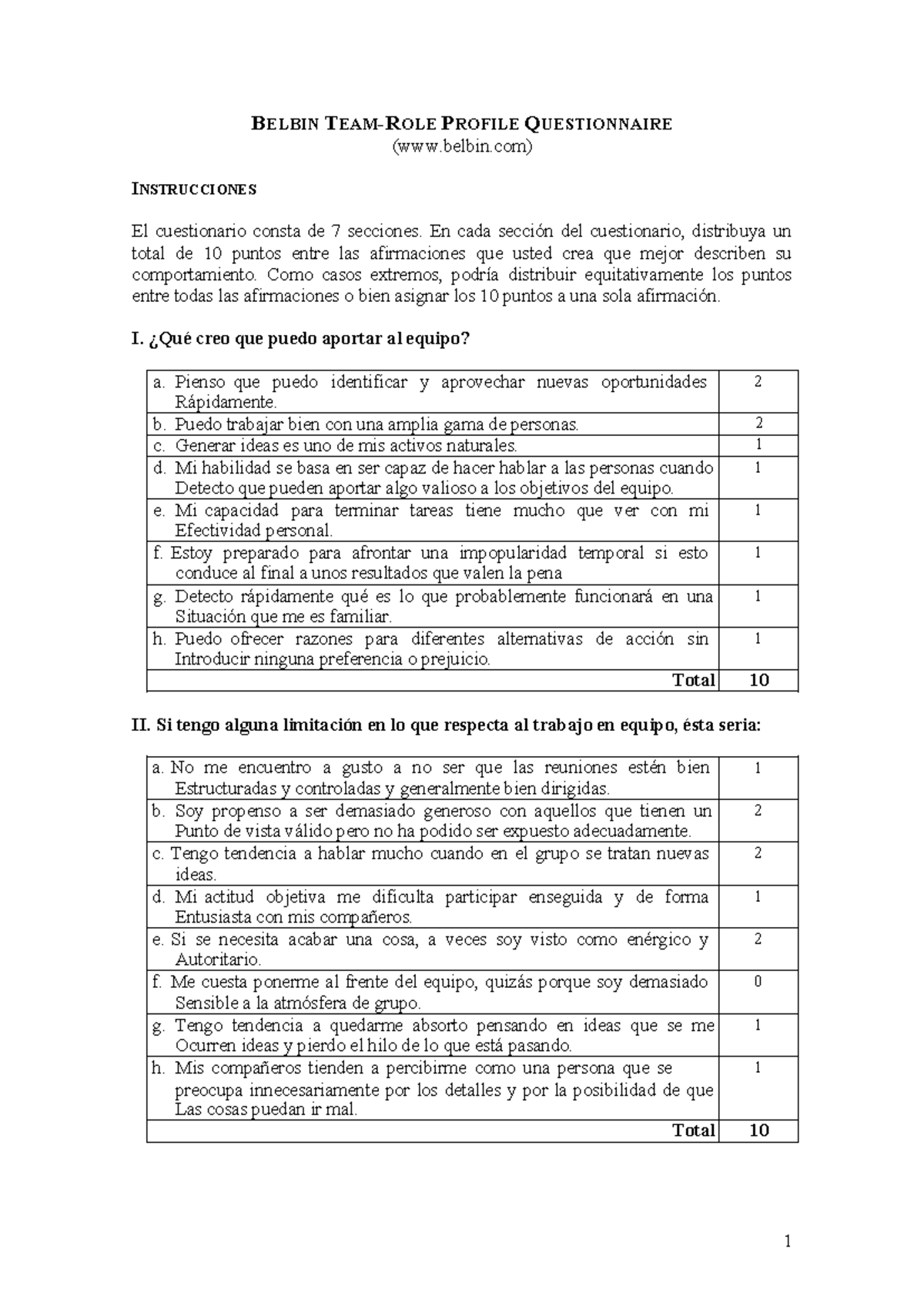 5° Producto 02 TEST Belbin - BELBIN TEAM-ROLE PROFILE QUESTIONNAIRE ...