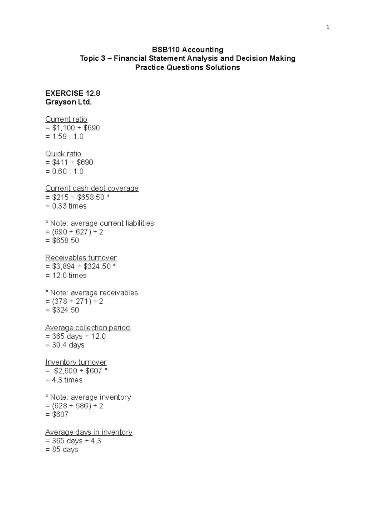 Topic 3 - Practice Questions Solutions - BSB110 Accounting Topic 3 ...