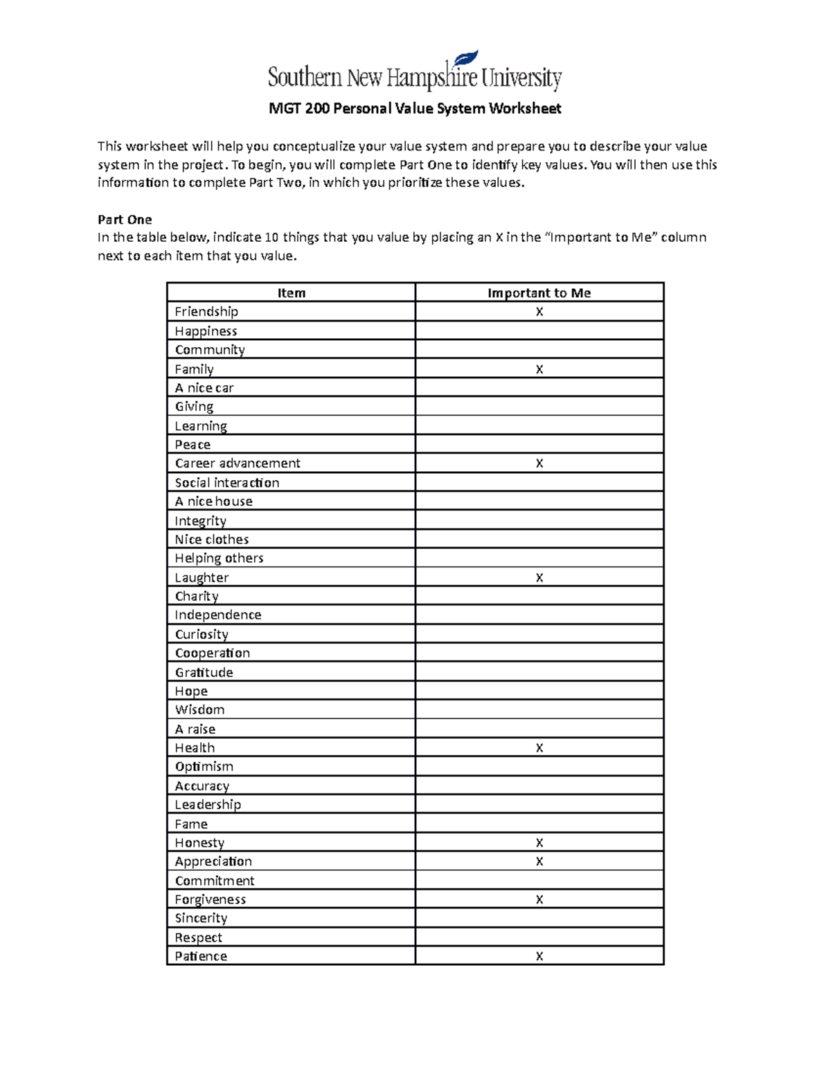 Personal Value System Worksheet - To begin, you will complete Part One ...