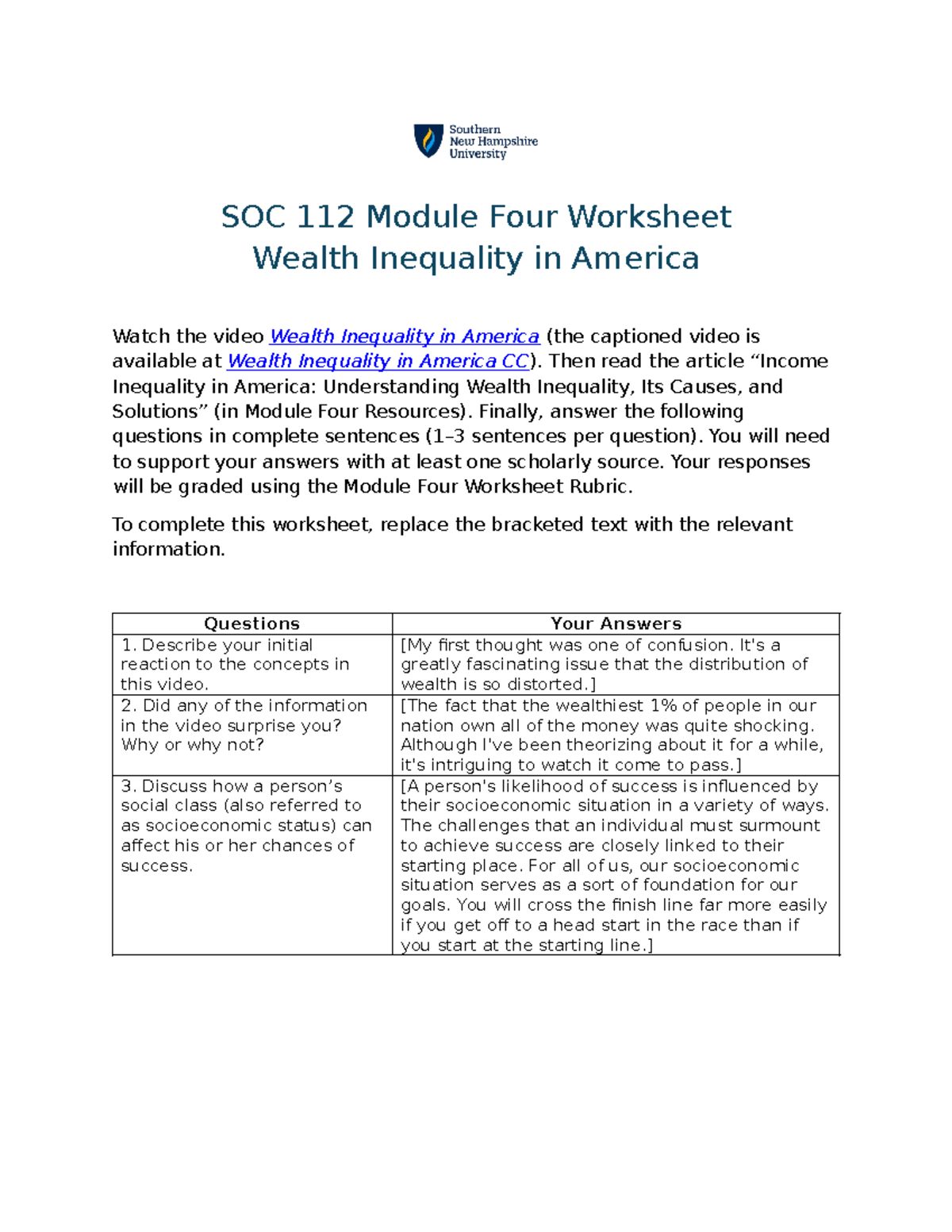 SOC 112 Module Four Worksheet - SOC 112 Module Four Worksheet Wealth ...
