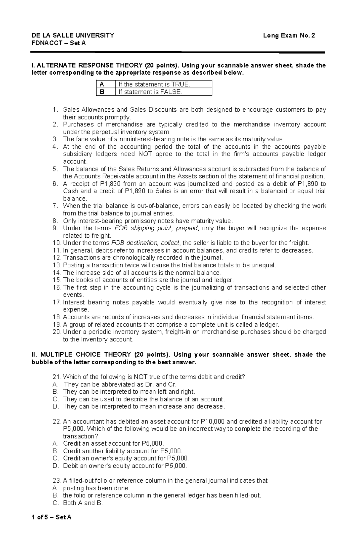 F Dnacct LONG EXAM 2 NO Ansers - DE LA SALLE UNIVERSITY Long Exam No. 2 ...