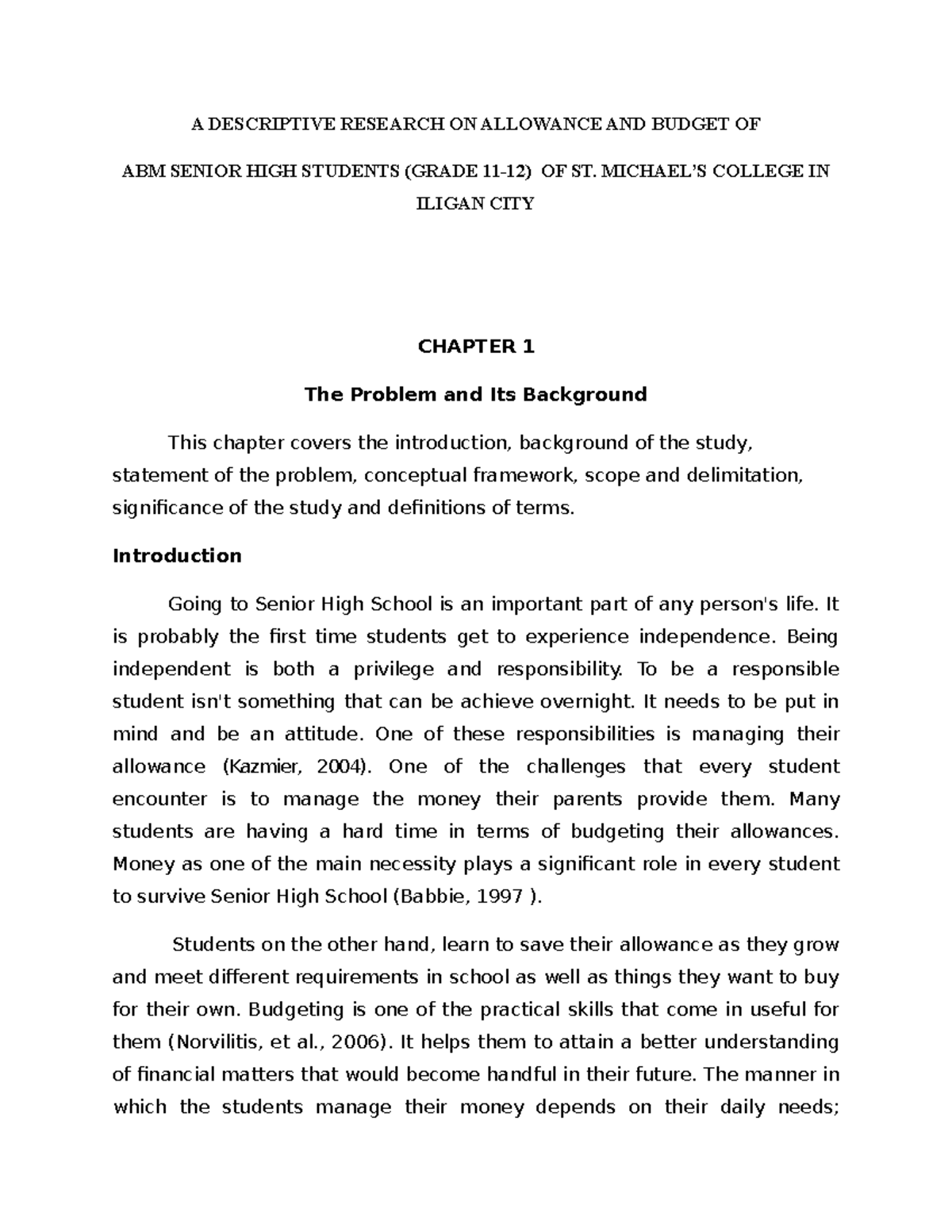 A Descriptive Research ON Allowance AND A DESCRIPTIVE RESEARCH ON