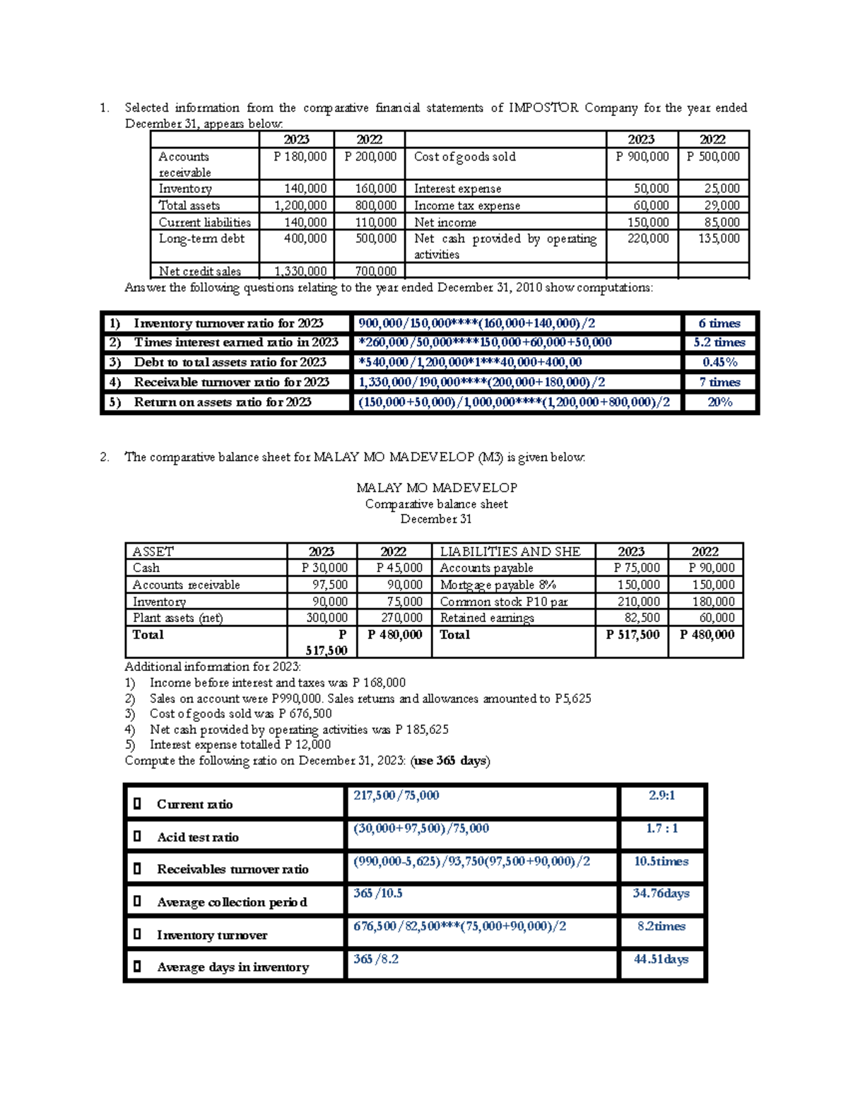 FS Analysis Exercise 3 - 1. Selected information from the comparative ...